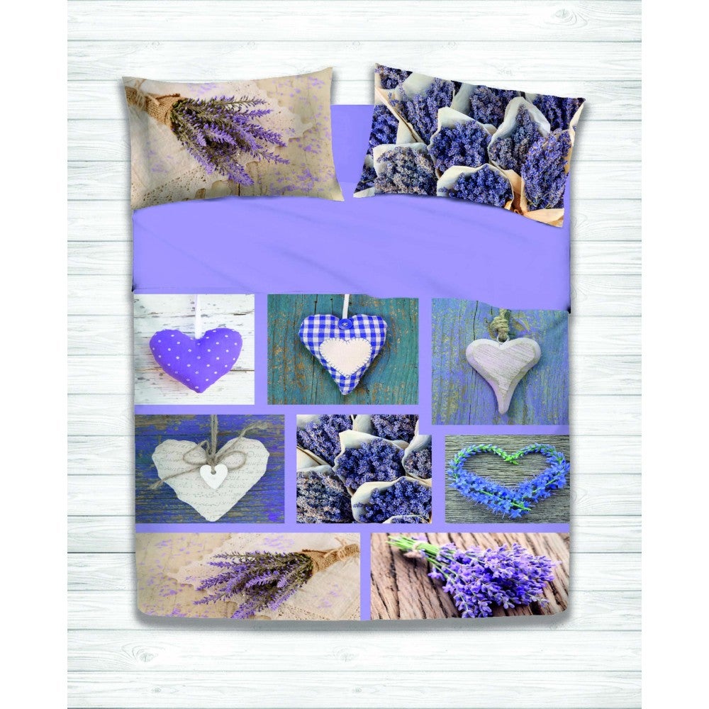 COMPLETO LENZUOLO DIGITALE LENZUOLA JOY COPRILETTO LAVANDA CUORE LILLA ...