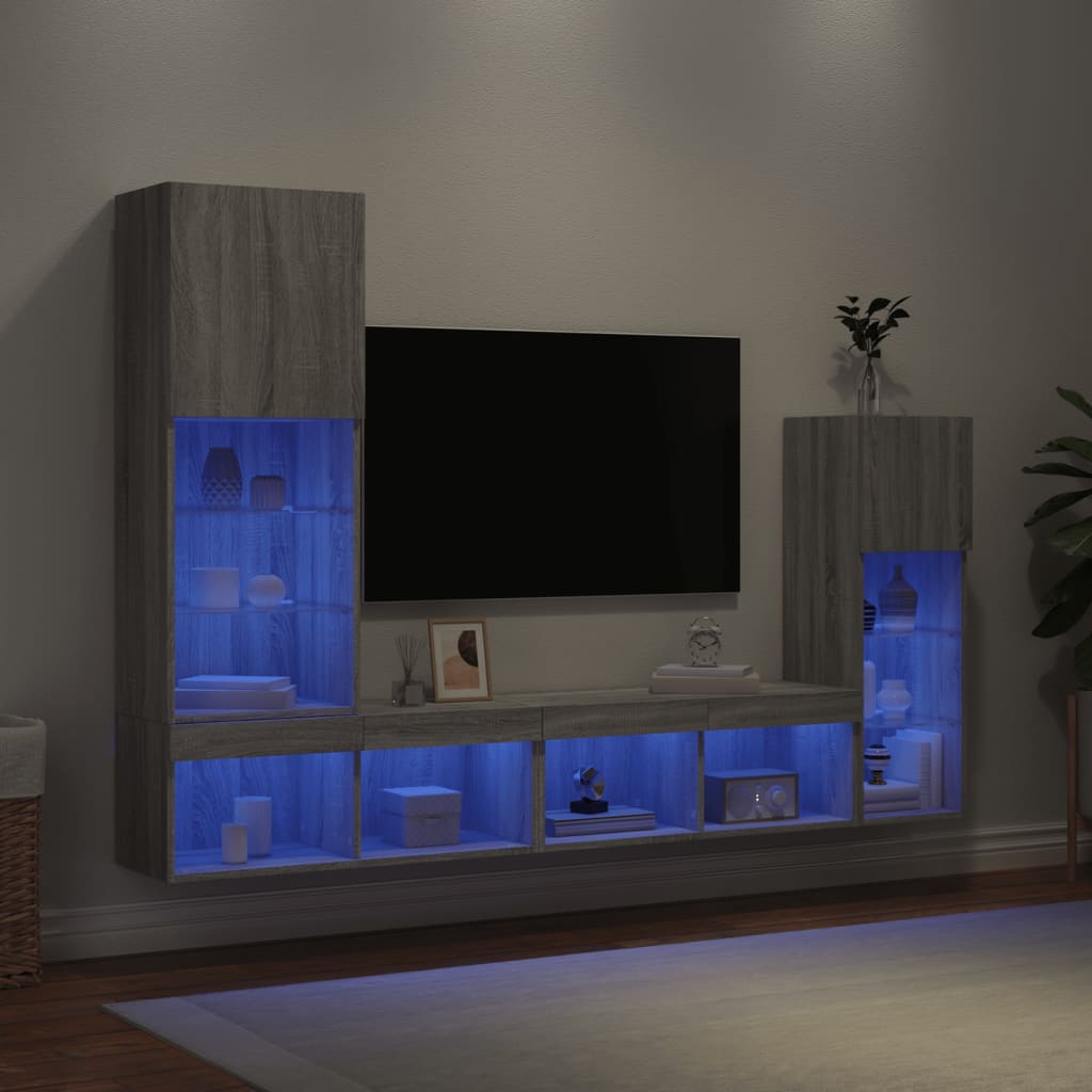 Muebles TV pared con LED 4 pzas madera ingeniería gris | Leroy Merlin