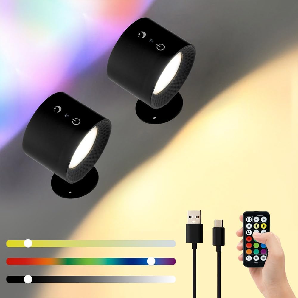Aplique de pared recargable por USB, rotación de 360°, iluminación de ...