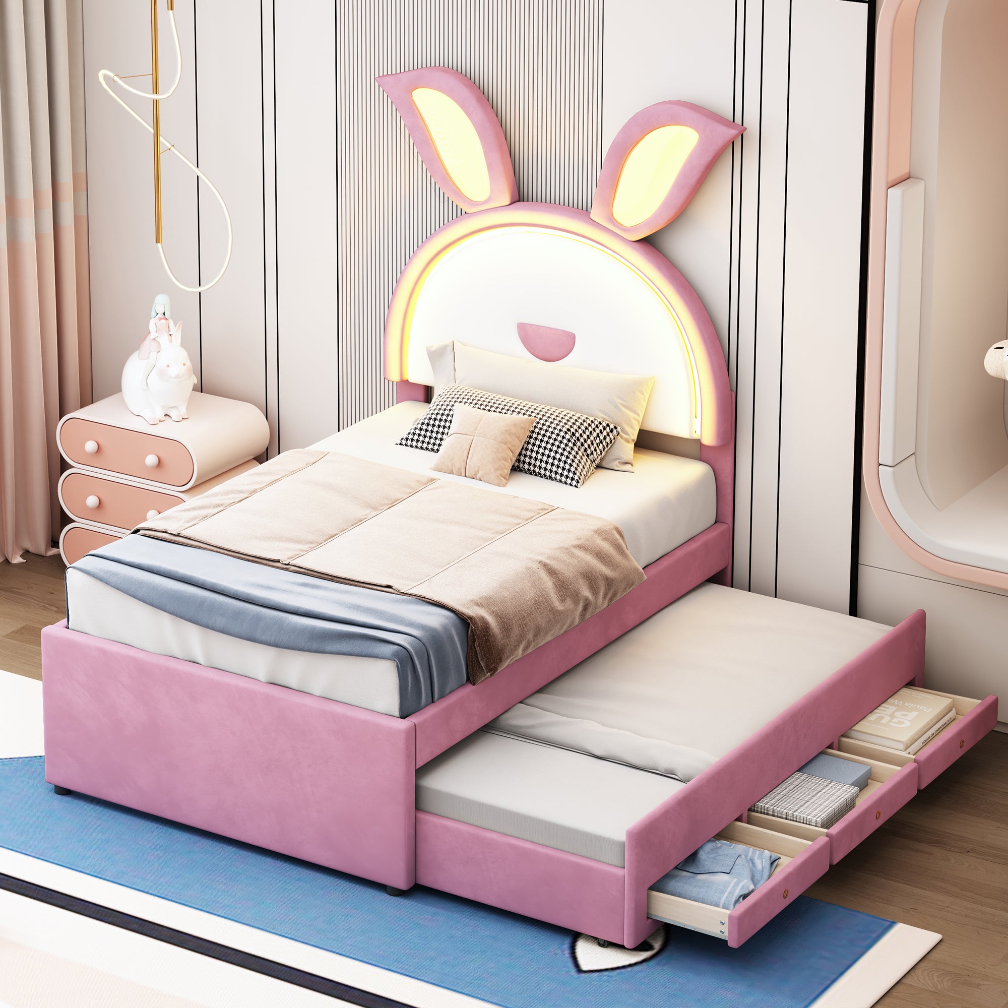 Lit Enfant 90x200cm avec LED, Lit Escamotable et Tiroirs - Forme Lapin ...