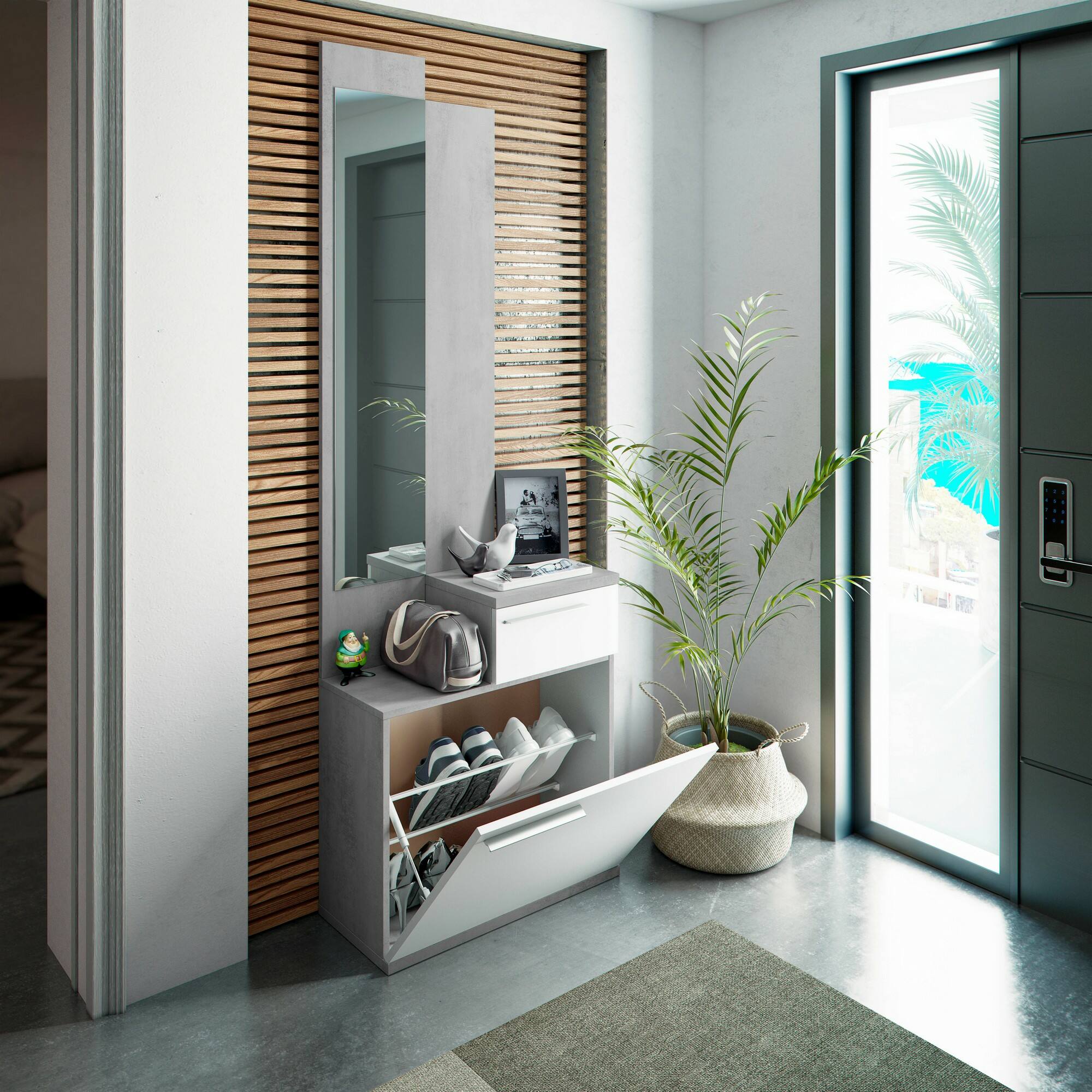 Mueble de entrada Waltham, Zapatero multifuncional con espejo, Armario ...