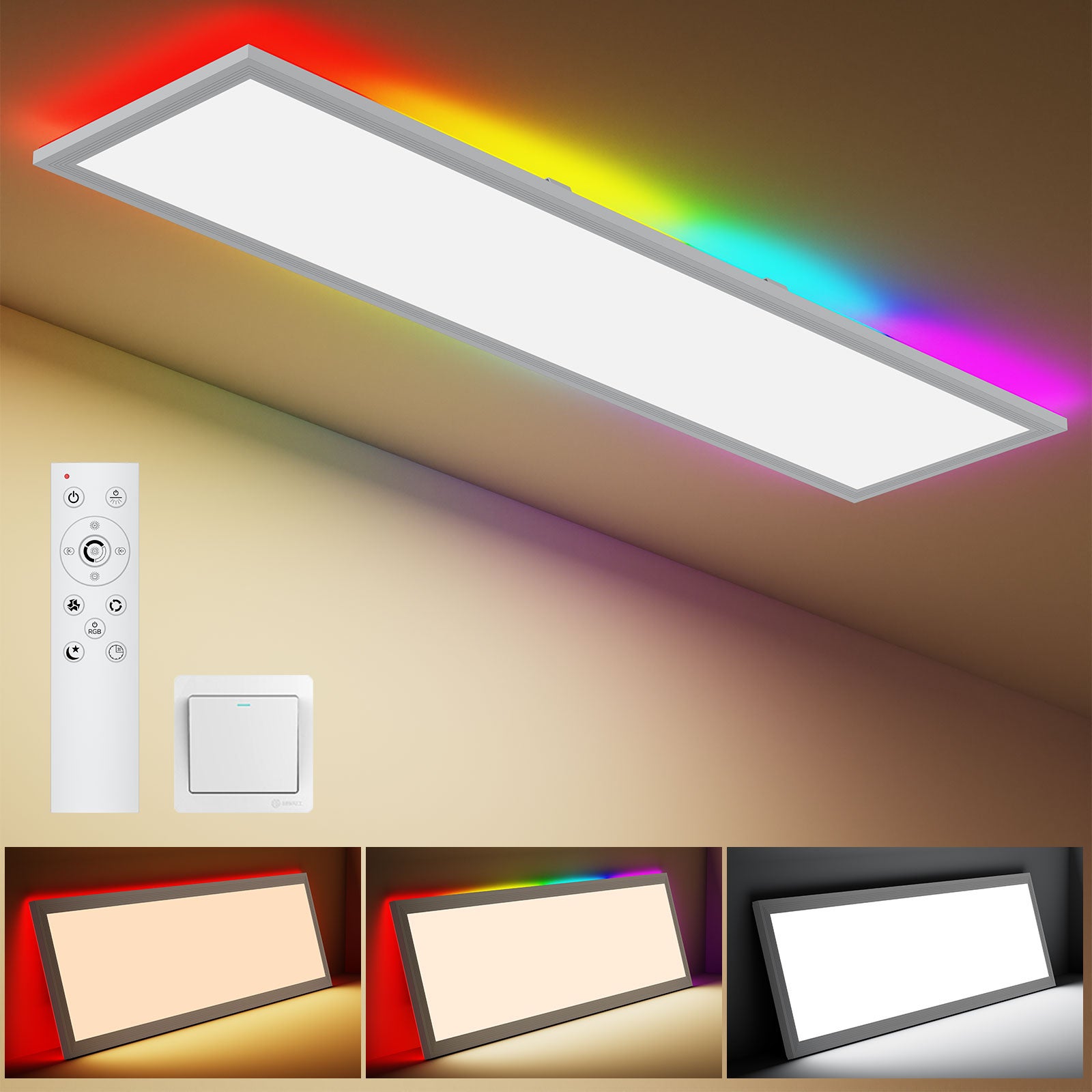 Panneau LED RGB 100x25 cm 35W 2850lm, dimmable avec télécommande 3000 ...