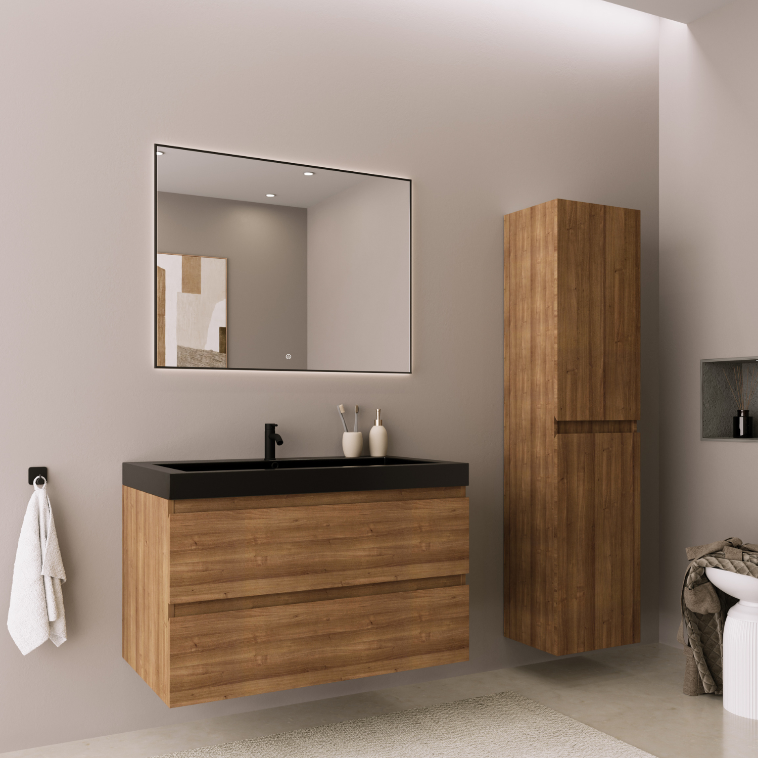 Conjunto de mueble baño suspendido con lavabo negro 80 cm con columna roble dorado - LOMAZOO ...