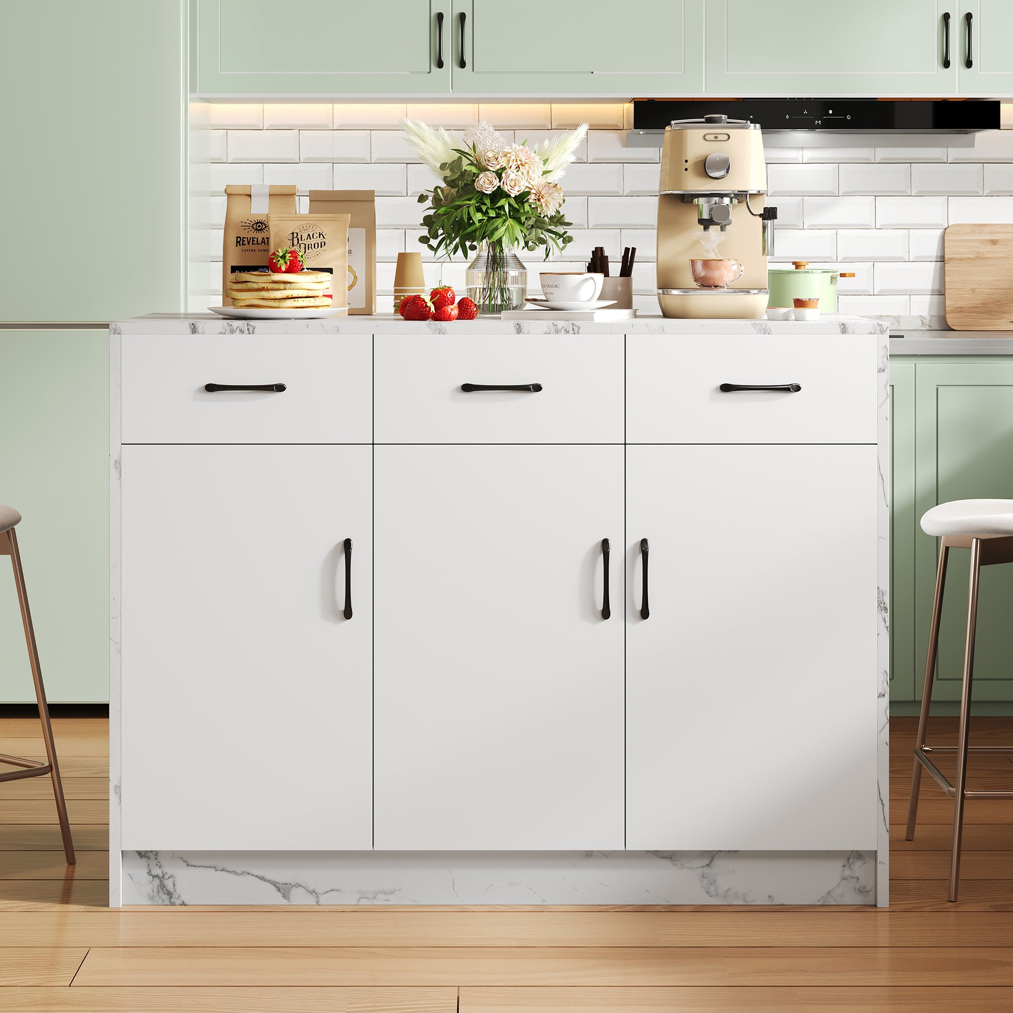 Ilot central de cuisine - 3 tiroirs et 3 portes - Motif en marbre - MDF ...