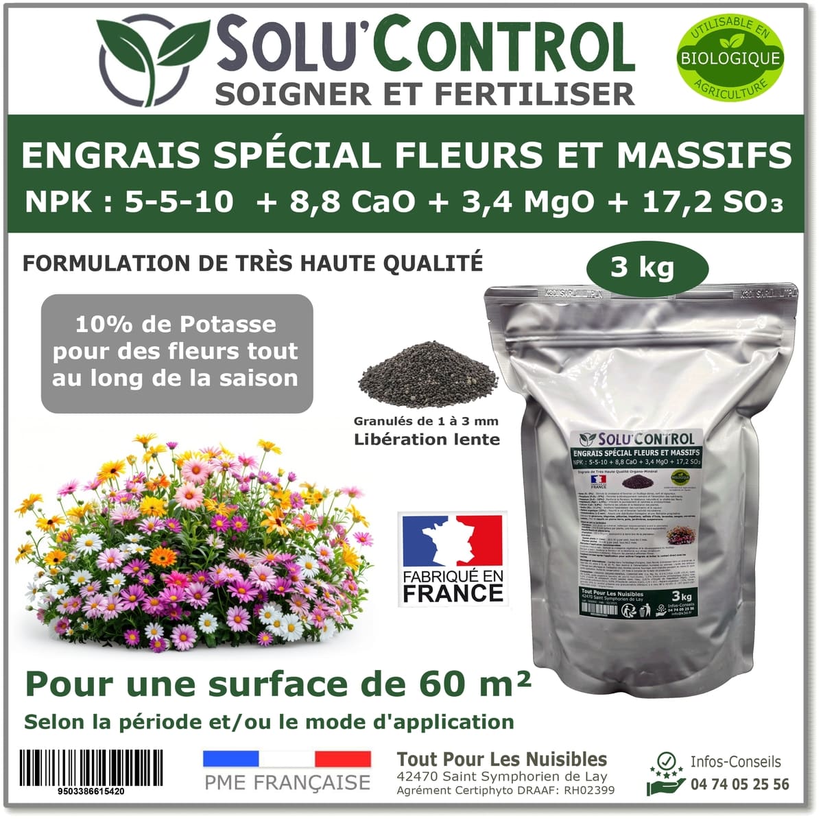 3 kg - Engrais Spécial Fleurs et Massifs NPK 5-5-10 - Favorise une ...