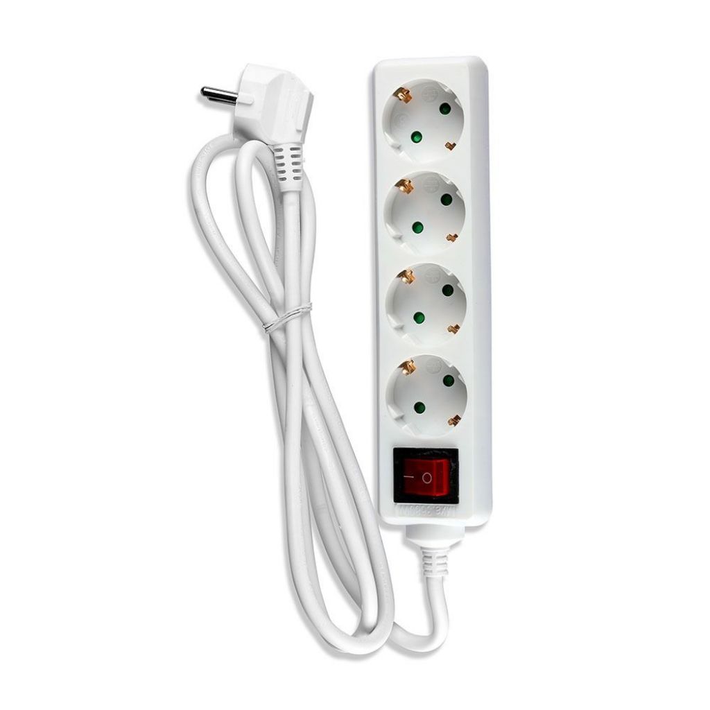 Regleta con cable 1,5m 4 tomas 10A 2P + Schuko e interruptor de luz Enchufe Schuko Blanco ...