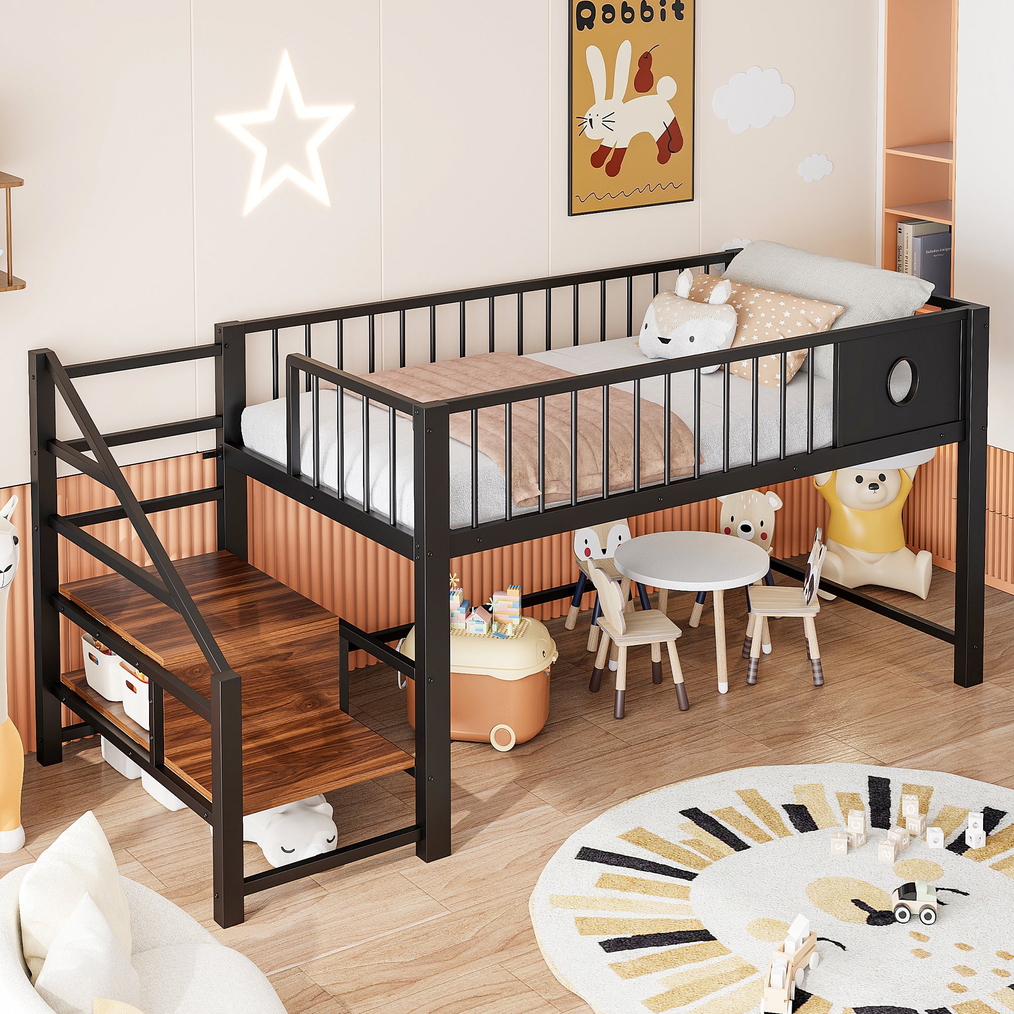 Lit mezzanine bas 90x200cm,Lit simple pour enfant avec escalier de ...