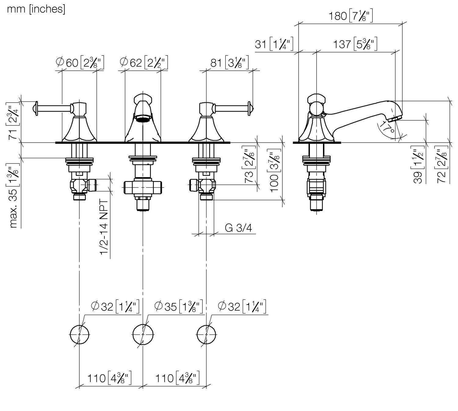 Dornbracht MADISON mezclador de lavabo de tres orificios con juego de ...