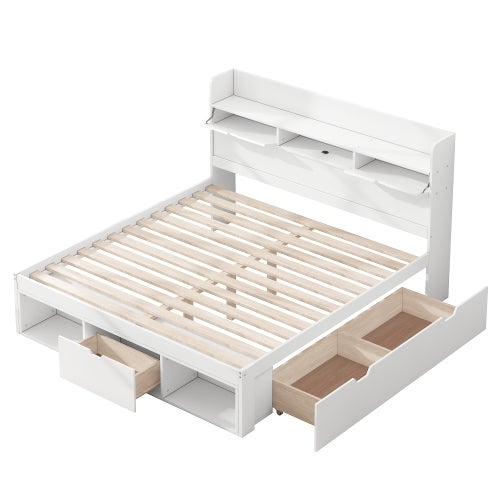 Lit double 160x200 cm avec port USB, tiroirs et armoires de rangement ...