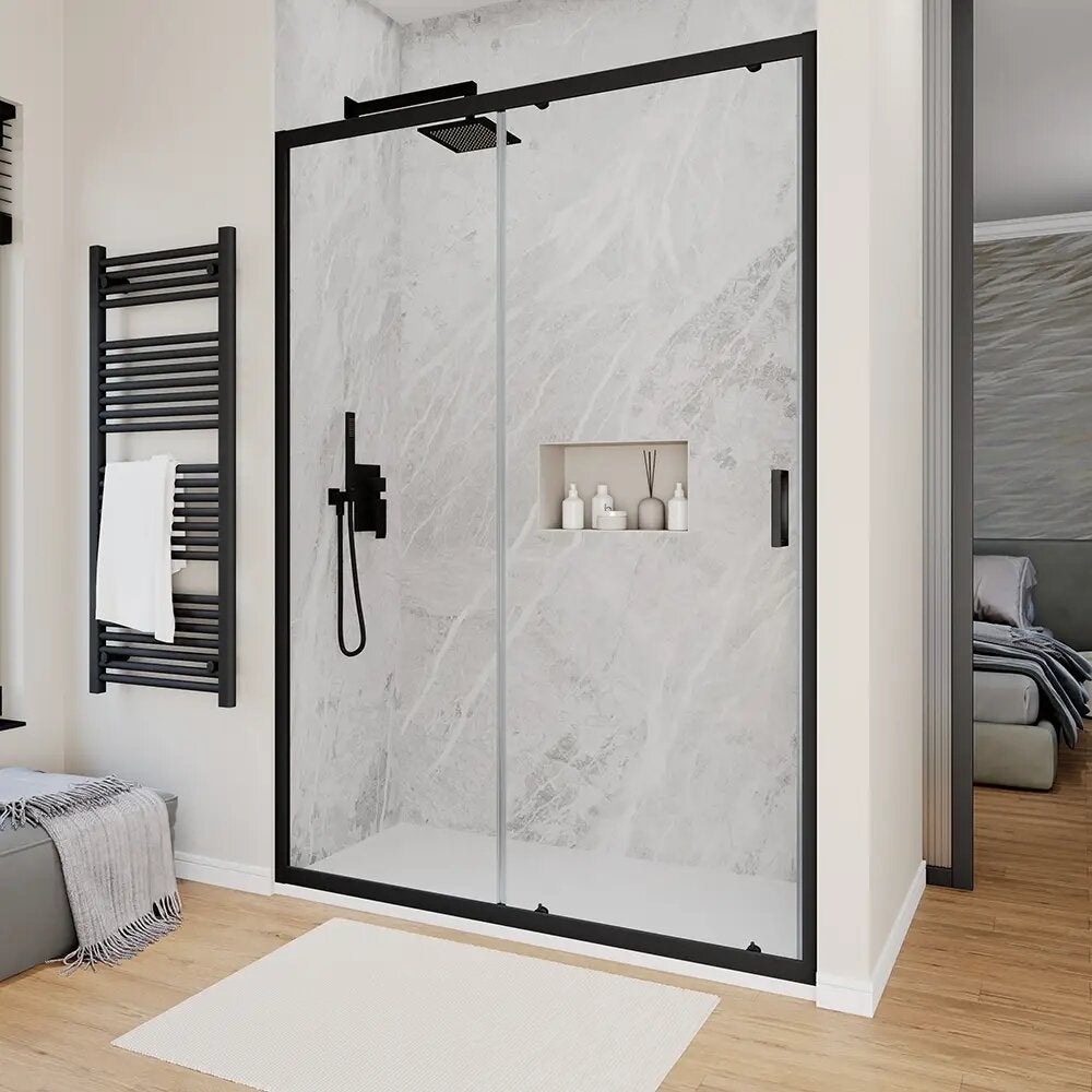 Porte de douche coulissante 120 cm, profilés noir mat, verre ...