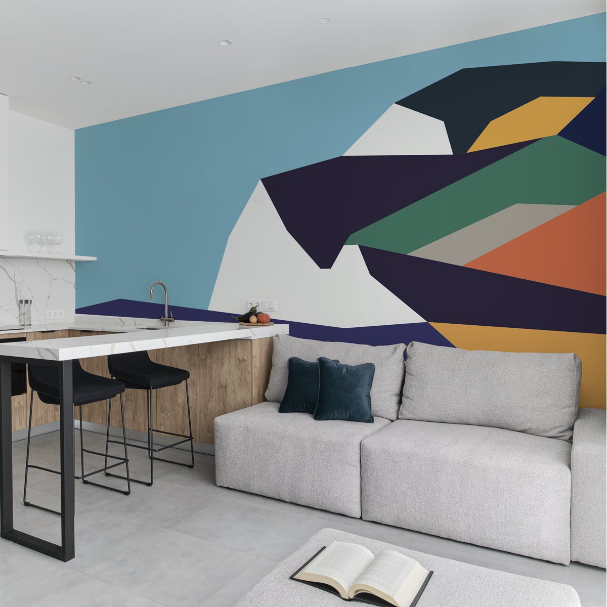 Papel pintado panorámico Paisaje geométrico costero Azul 375x250cm ...