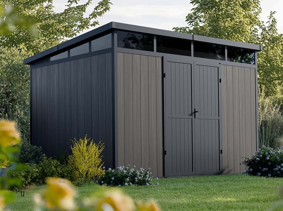 Abri de Jardin Bois Composite 7,5m2 Gris 363x223x227cm EVORA - Cabane a ...