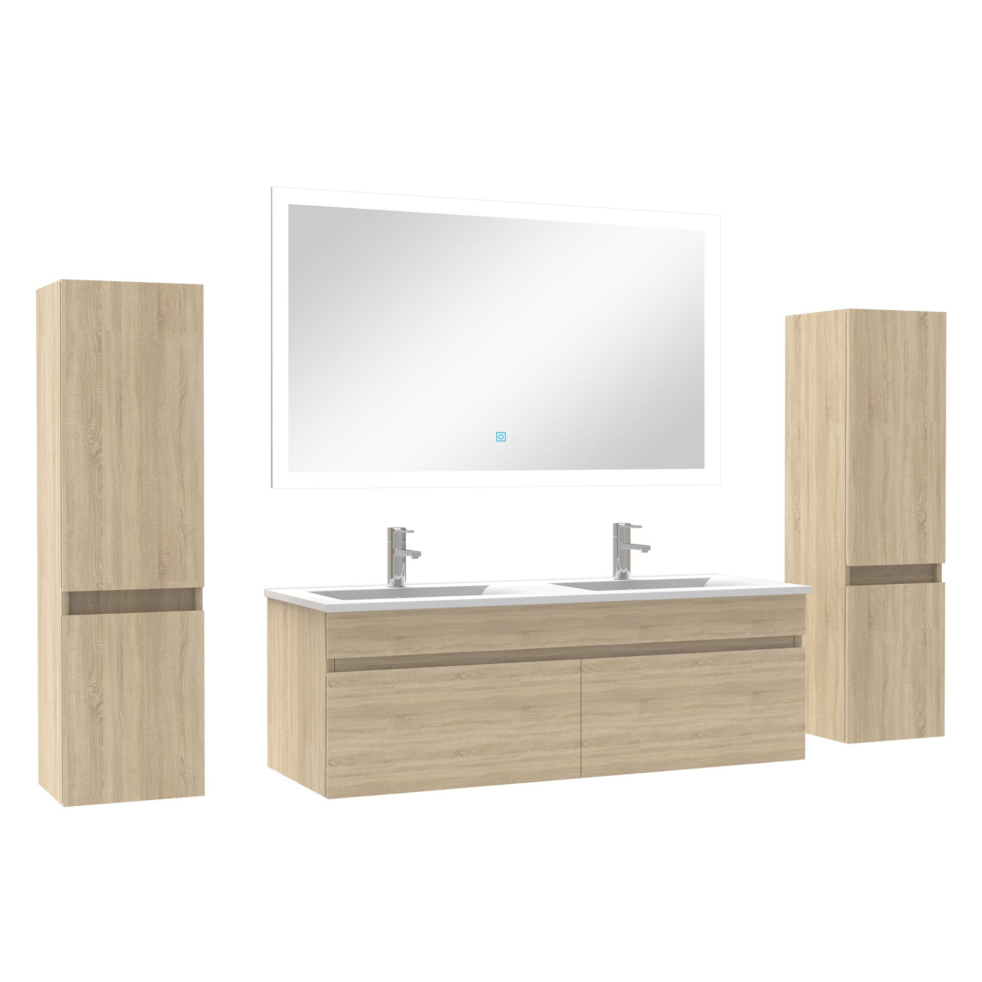 Ensemble meuble double vasque L.120cm avec colonne + miroir Chêne Wotan ...
