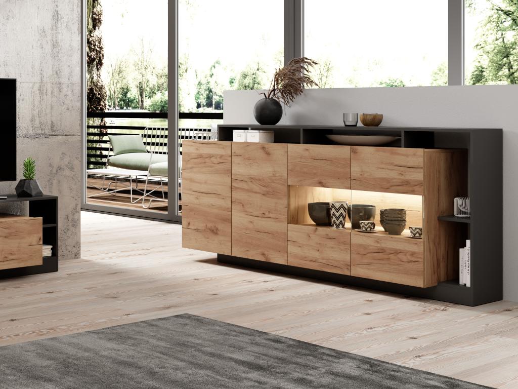 Credenza 4 ante e 4 nicchie con LED Naturale chiaro e Antracite ...