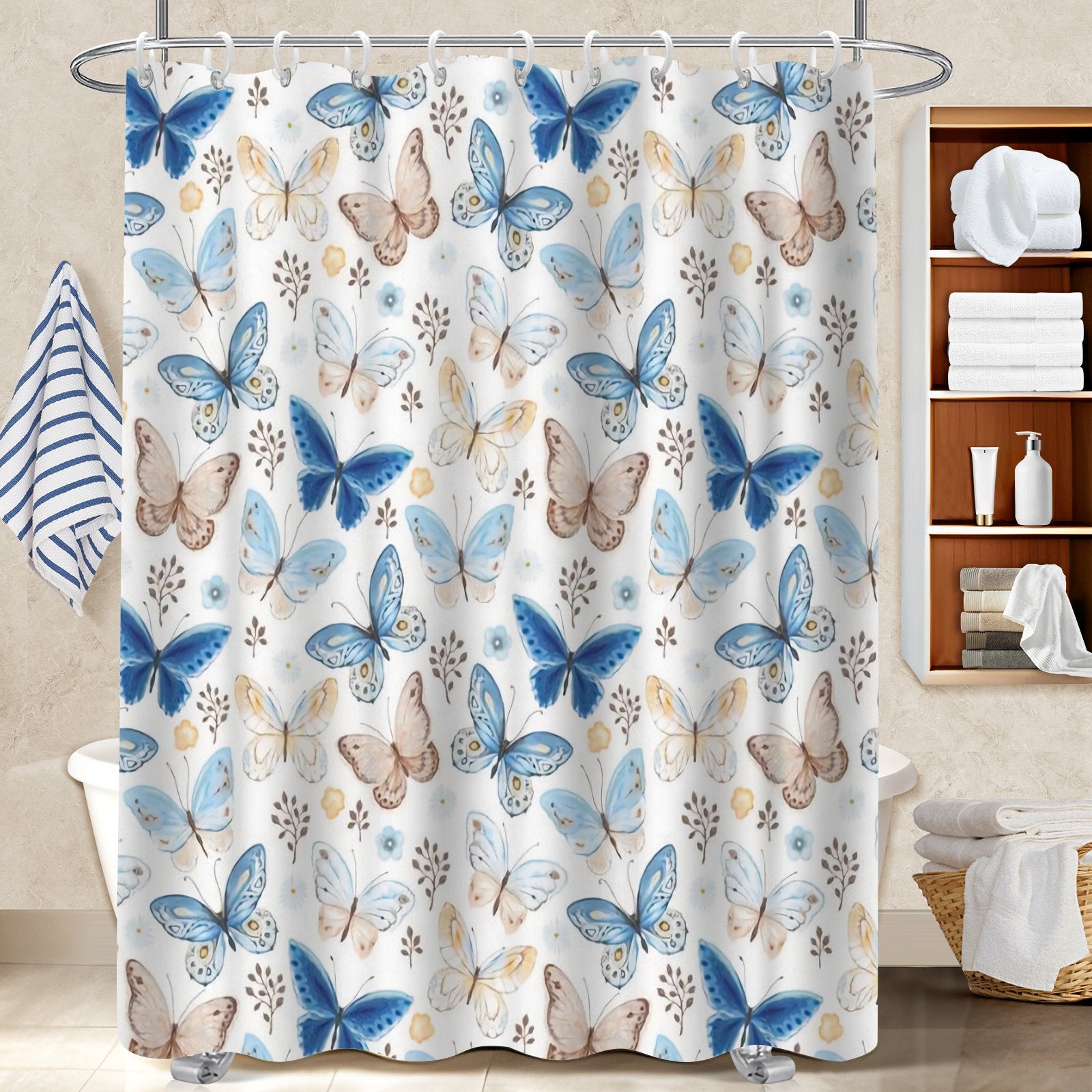 Ensemble rideau de douche polyester avec anneaux motif papillons ...
