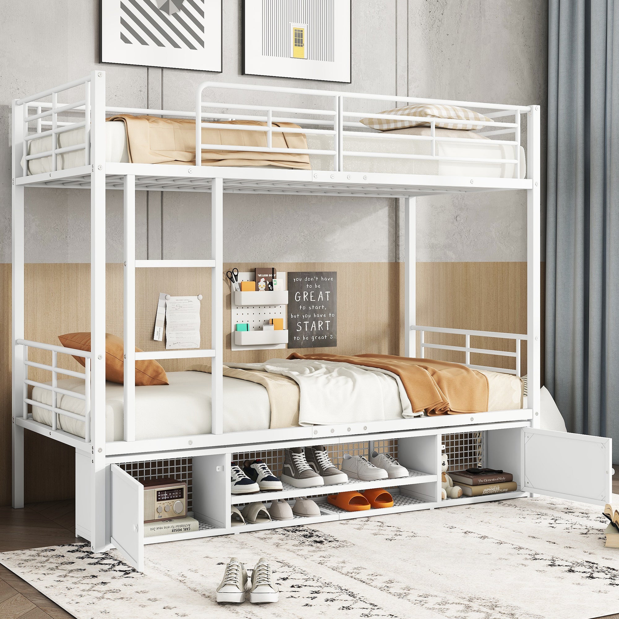 Cama de literas de hierro - 90x200cm - con zapatero - blanco - para ...