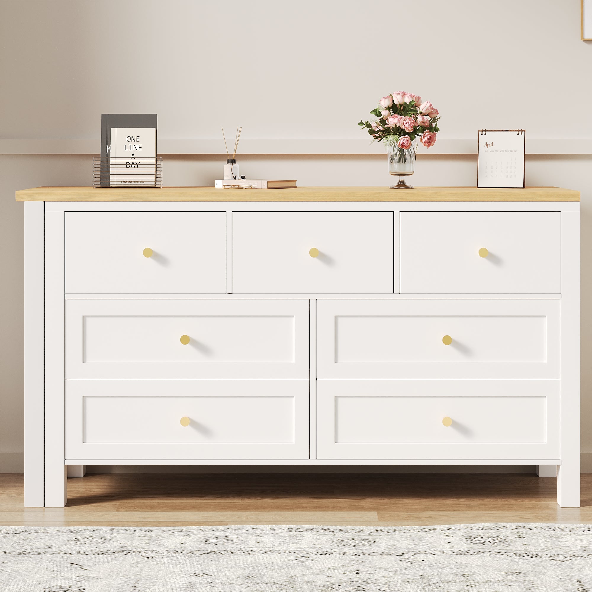 Bureau chêne/blanc 2-en-1 pivotant 360°, 7 tiroirs, buffet, angle L ...