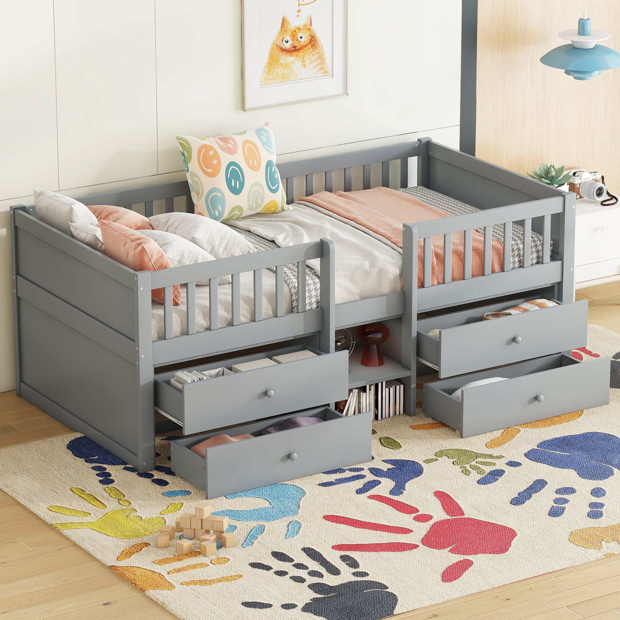 Lit enfant 90 x 200 cm avec 4 tiroirs - Bois de pin + MDF - Sommier à ...