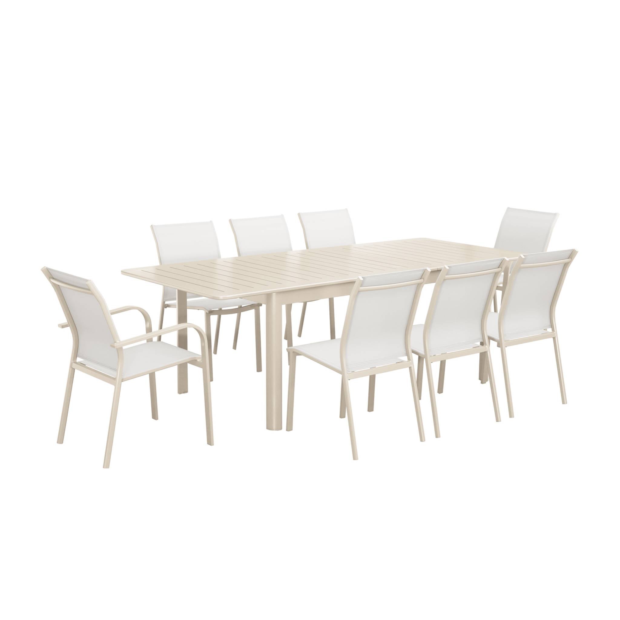 Table de jardin extensible aluminium et textilène beige. 6 chaises. 2 fauteuils. 8 places. 236.5 ...