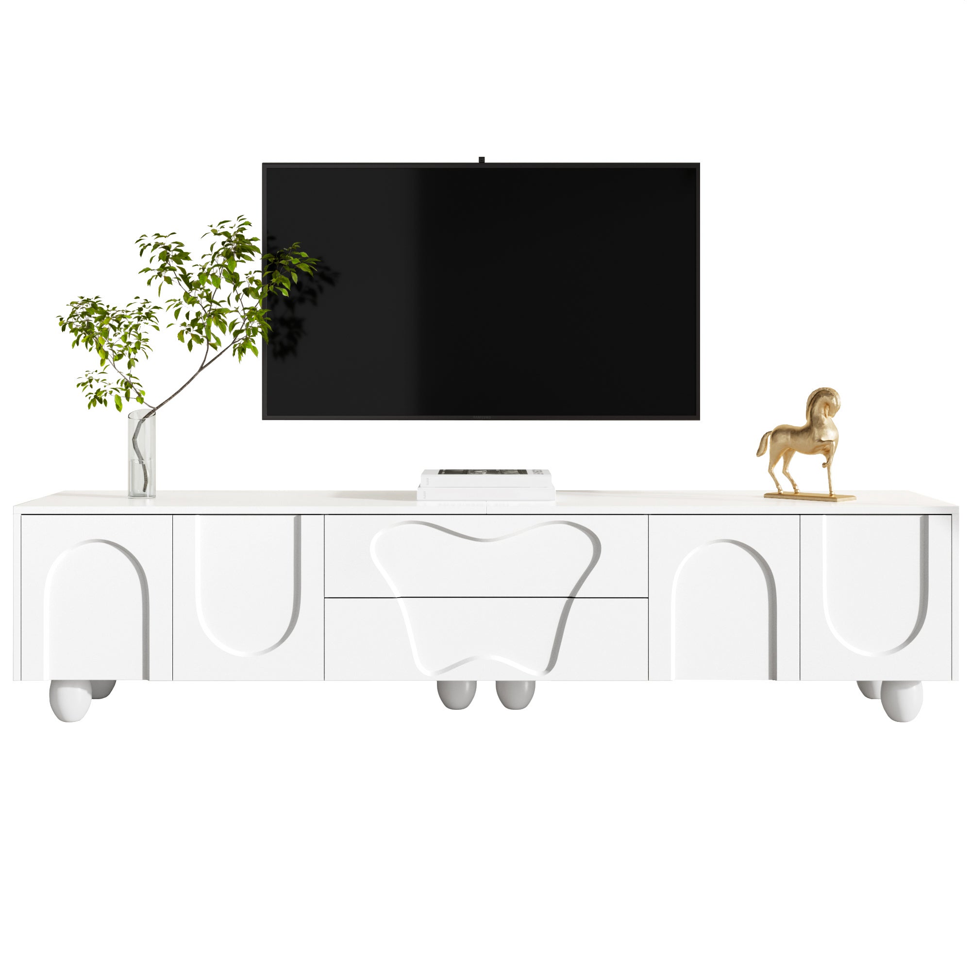 Meuble TV Blanc 180 cm avec Pieds Bois et Grand Rangement - Design ...