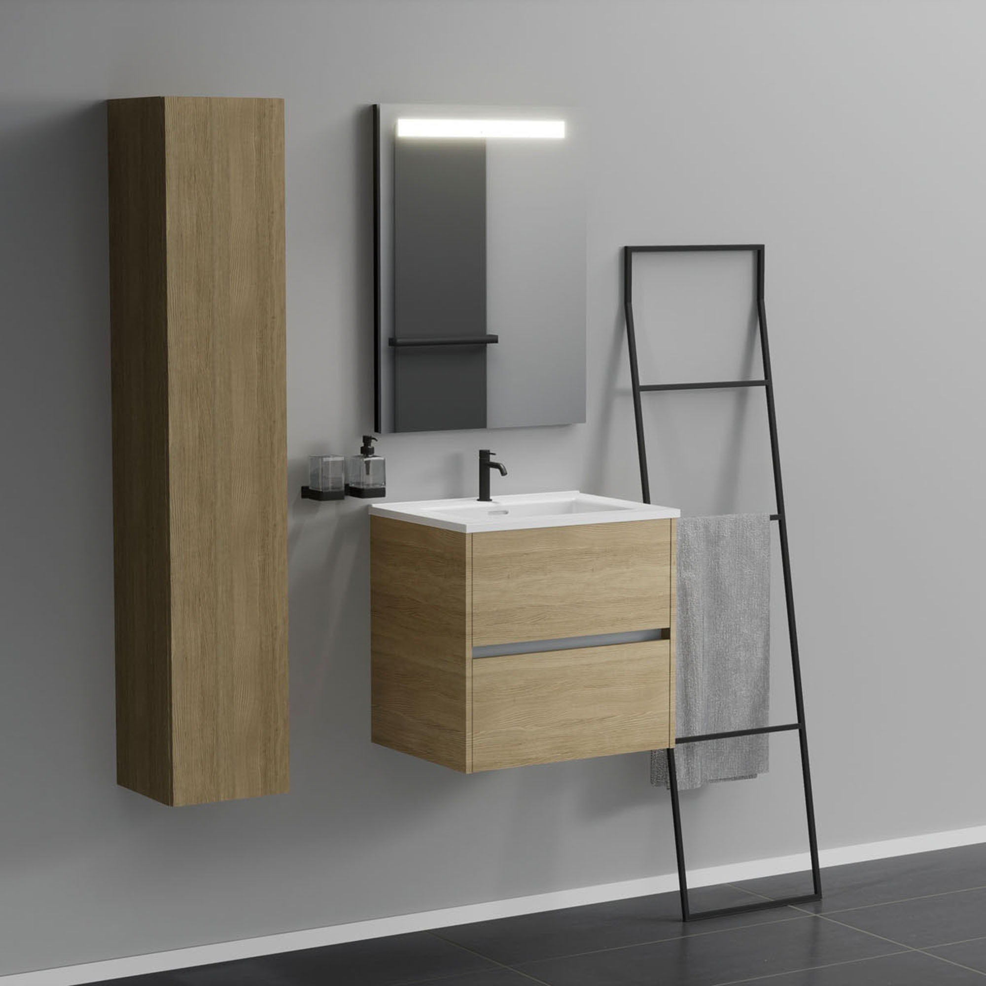 Inda - Mobile bagno 2 cassetti L.60 con lavabo specchio illuminato ...