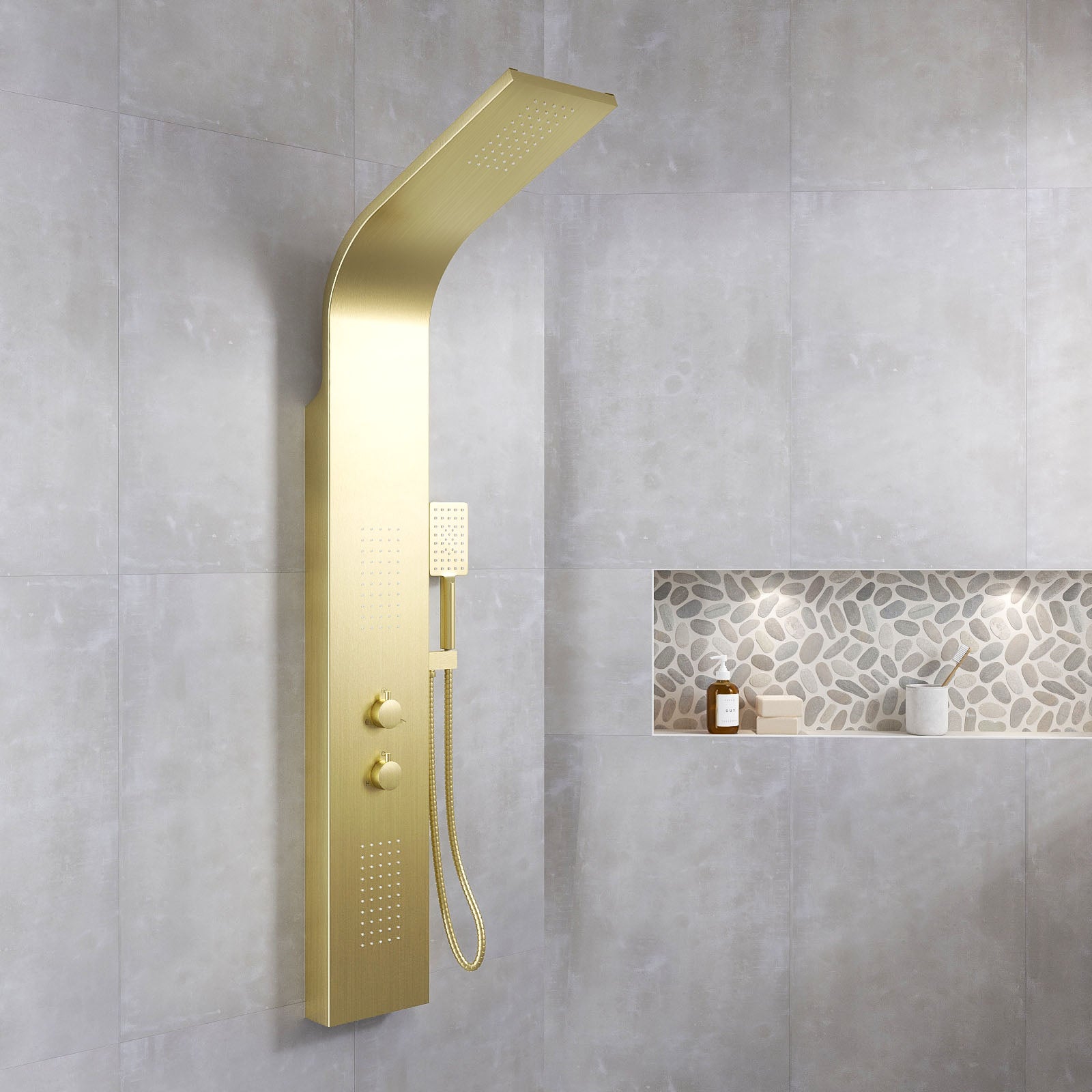Columna Ducha Efecto Lluvia - 140x20cm - Acero Inoxidable Oro Cepillado ...