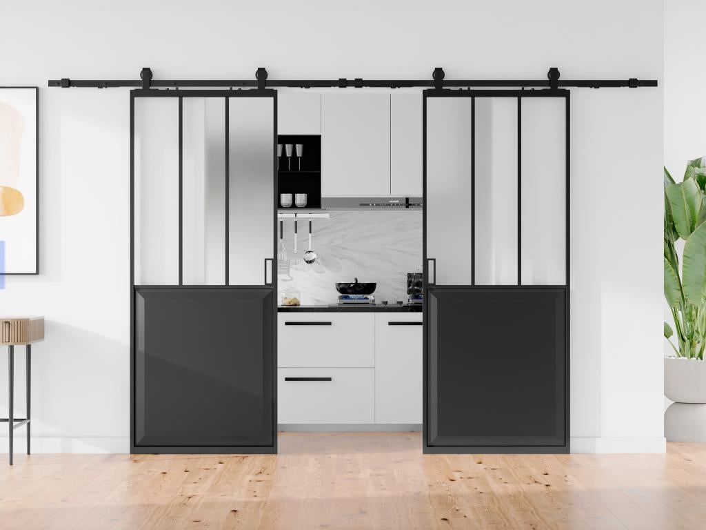 Puerta corredera estilo taller con riel - Negro y cristal templado ...