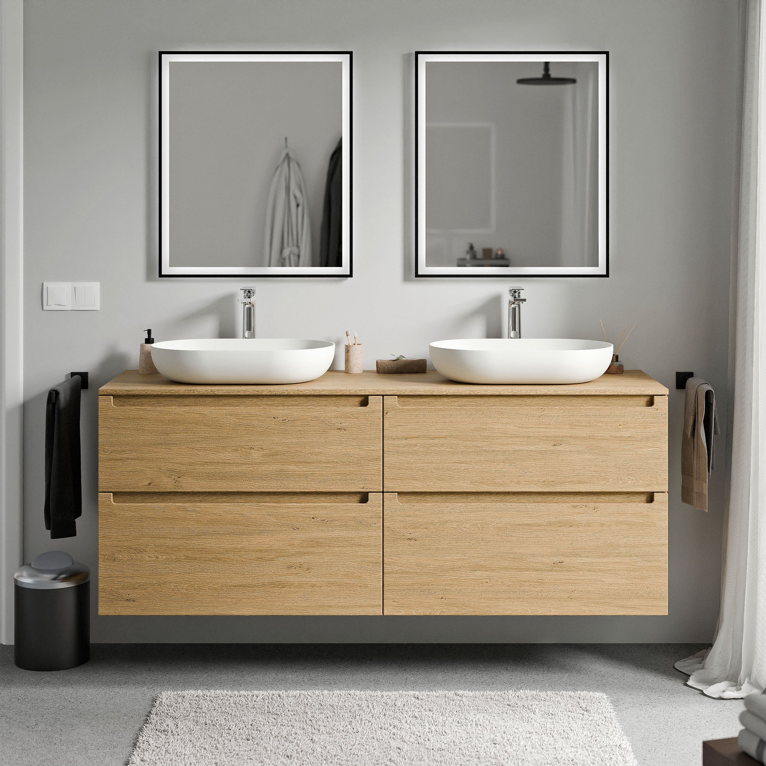 BERNSTEIN - Mobile lavabo sospeso MDF rovere miele, Piano lavabo rovere ...