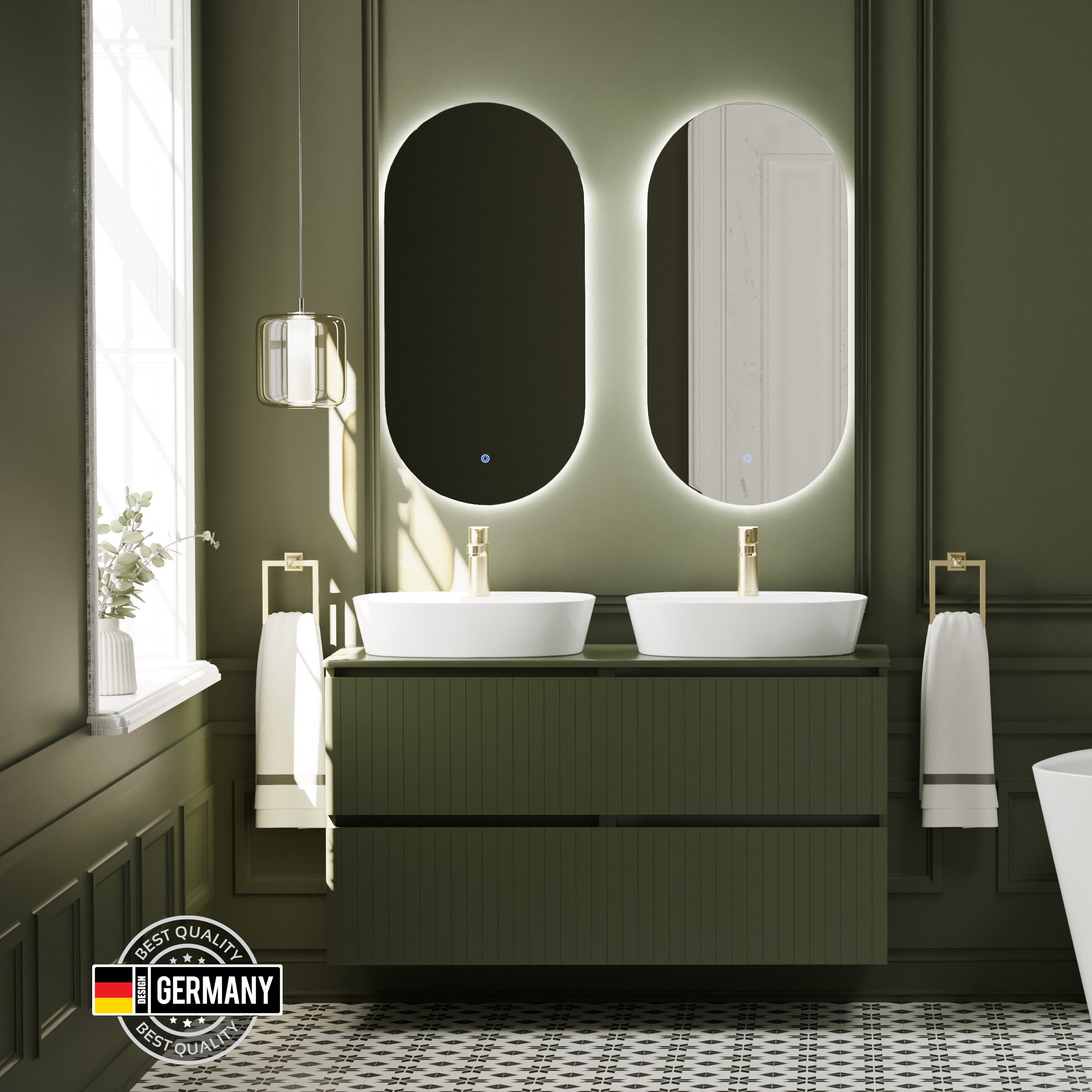 MEUBLE SALLE BAIN MURAL CELLE 120 CM OLIVE|4 TIROIRS|PLAN ET LAVABO|TGD ...