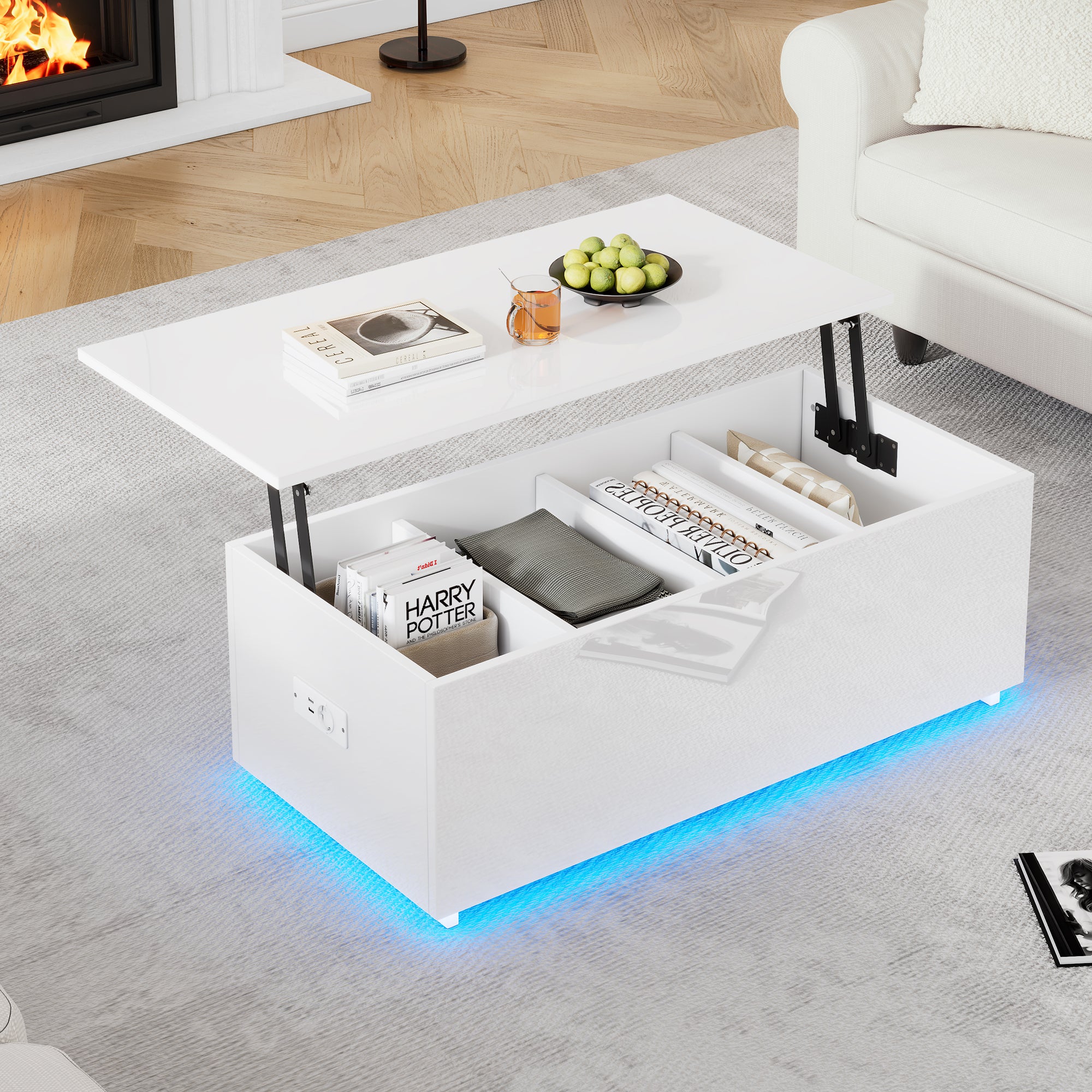 Table basse relevable blanche brillante avec éclairage LED, 100x50x35 ...