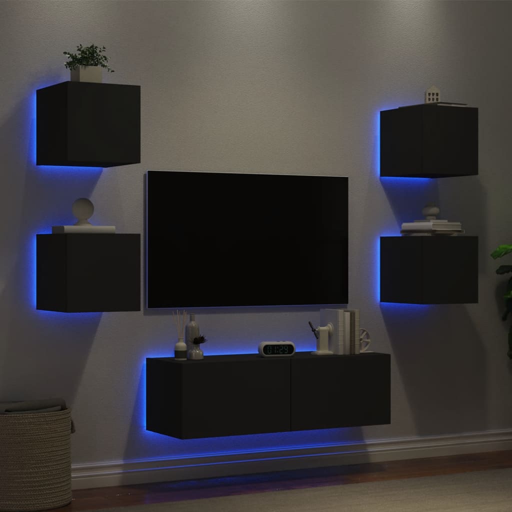 VidaXL Muebles de TV de pared con luces LED 5 piezas negro | Leroy Merlin