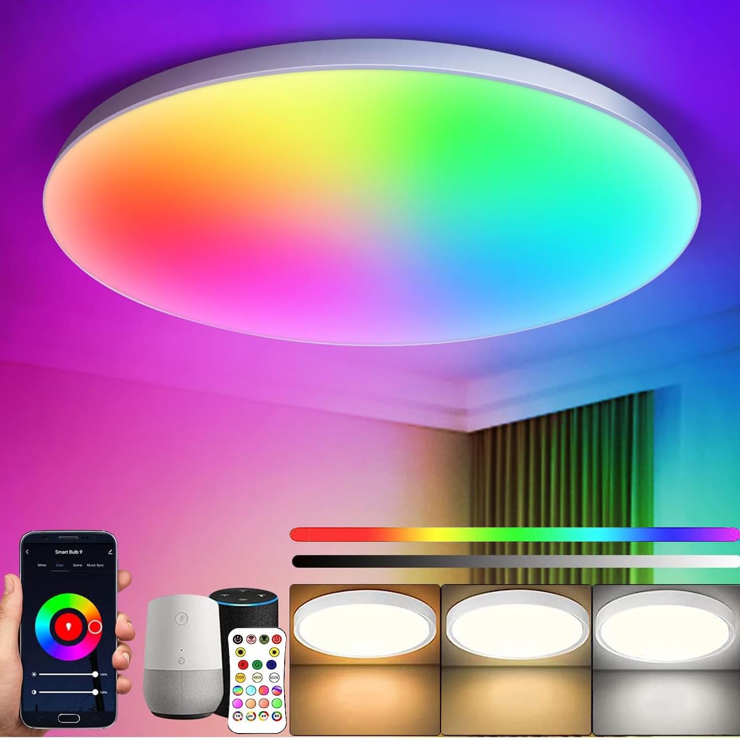 Plafonnier LED Dimmable, Smart Luminaire Plafonnier Couleur Avec Alexa ...