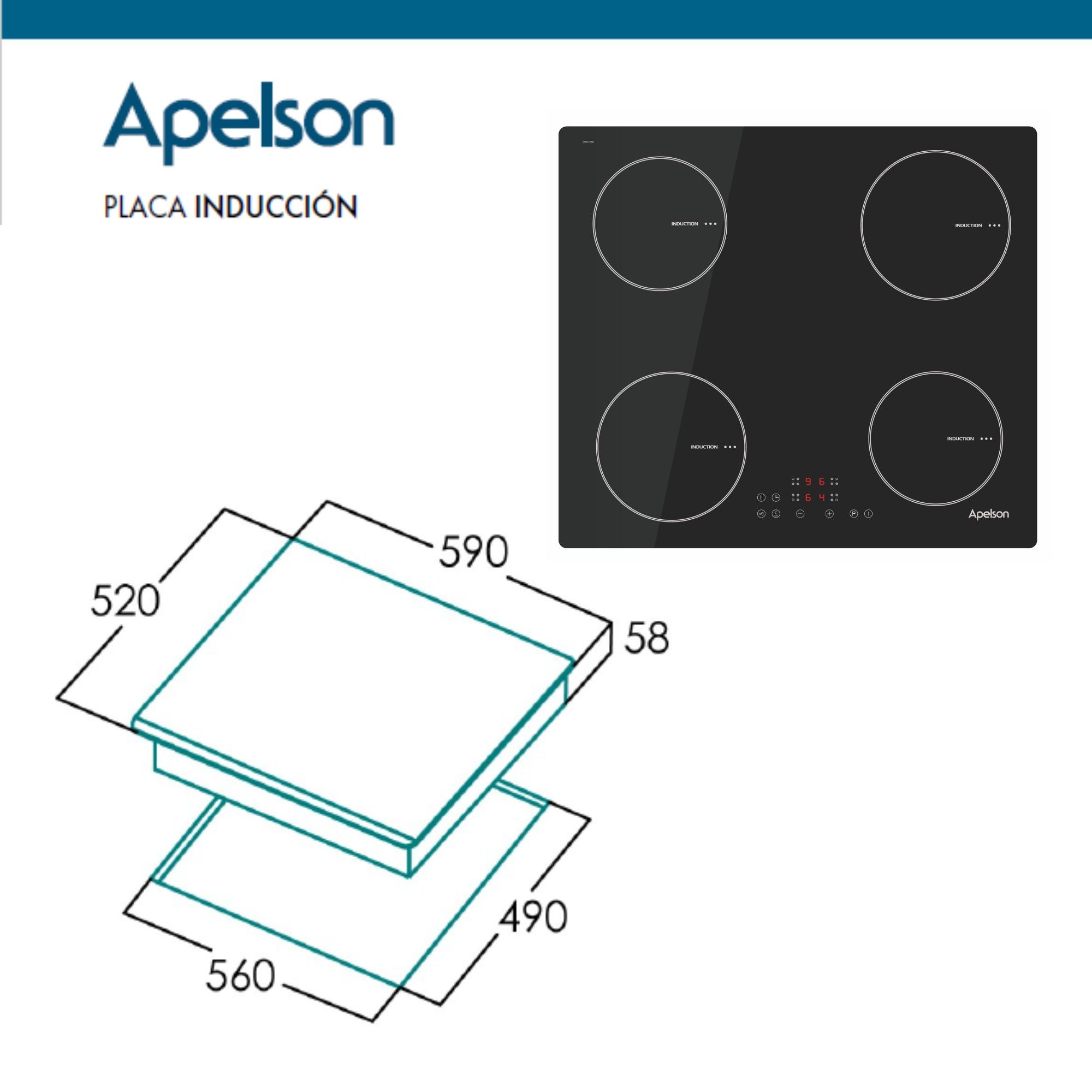 Apelson Placa Inducción AIT4600 de 4 Zonas Cocción 60cm 7200W ...