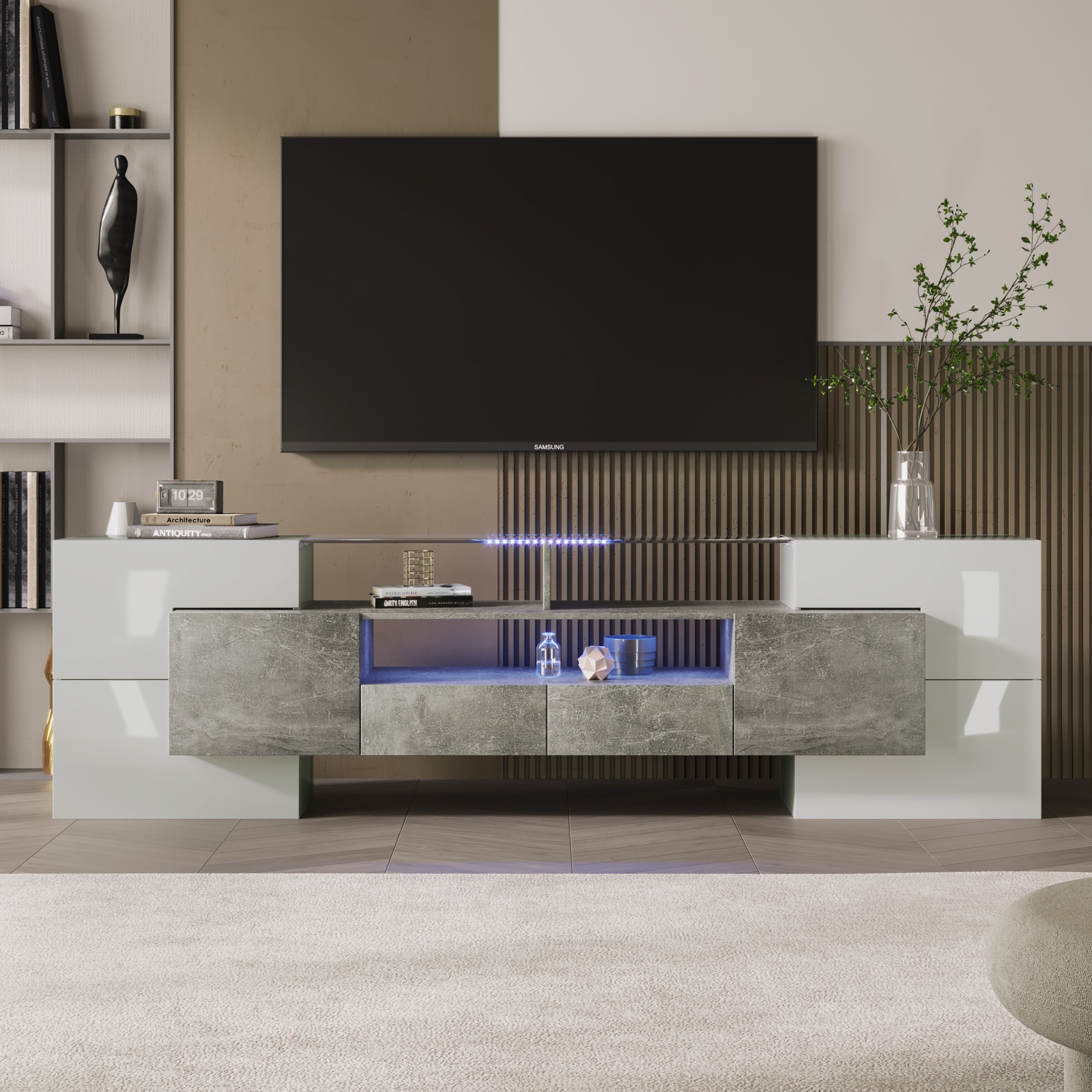 Mueble de TV bajo y elegante. Acabado lacado en blanco y gris, 200 cm ...