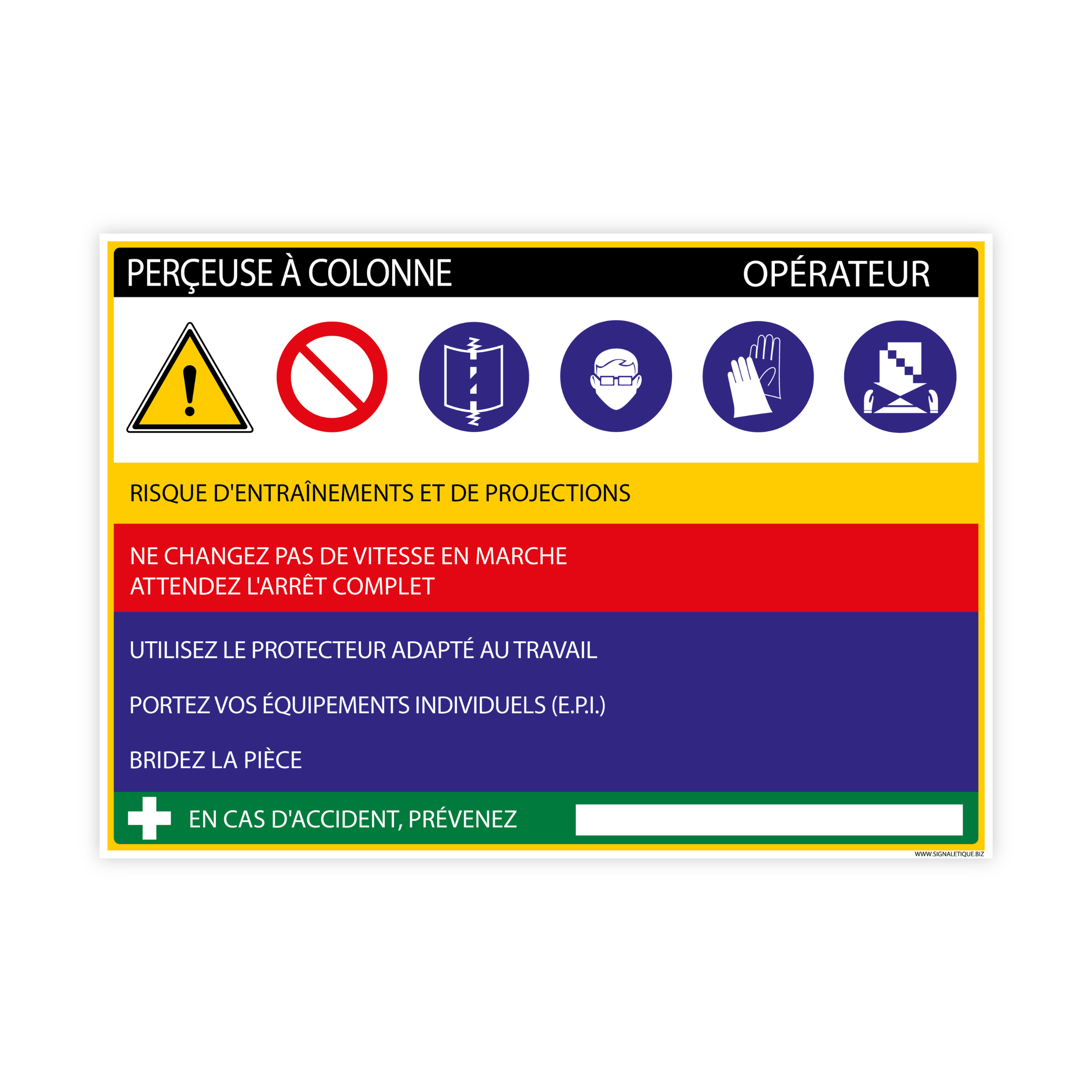 Panneau fiche de poste pour opérateur perceuse à colonne, aluminium ...