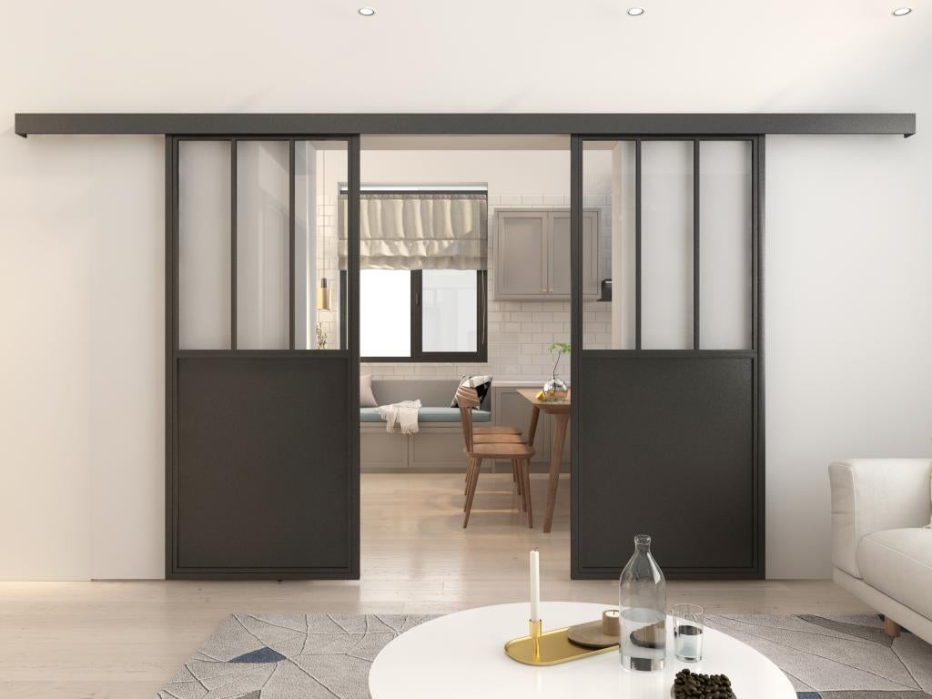 Porte coulissante double en applique H205cm x L166cm MDF noir et verre ...