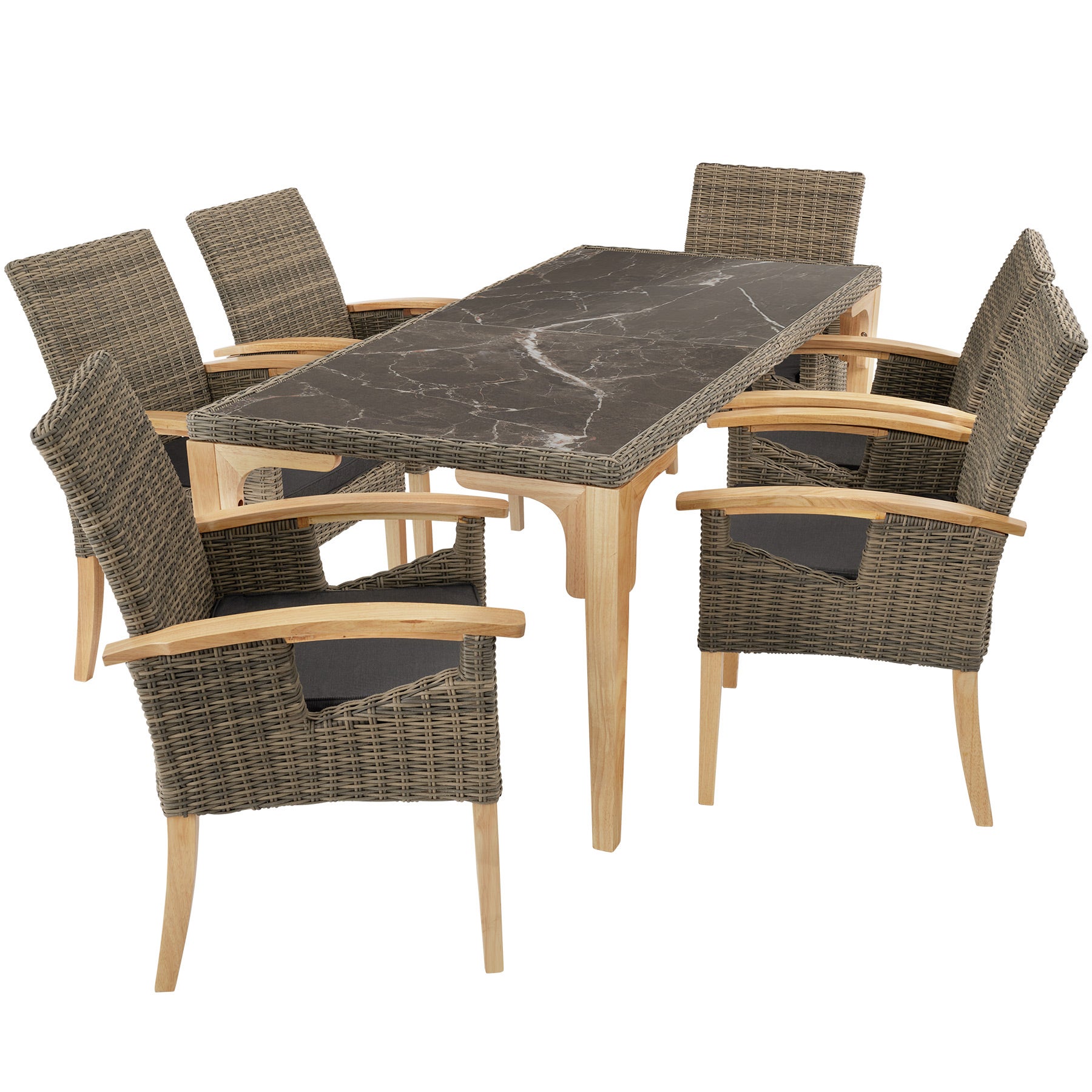 Tectake Table en rotin Foggia avec 6 chaises Rosarno - marron naturel ...