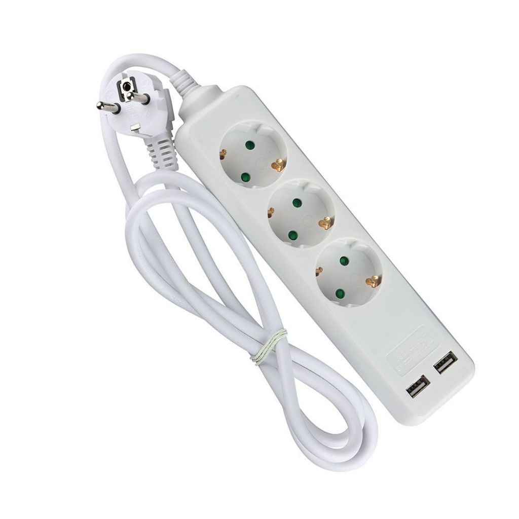Regleta con cable 1,5m 3 tomas 10A 2P + Schuko 2 USB e interruptor de luz enchufe Schuko Blanco ...