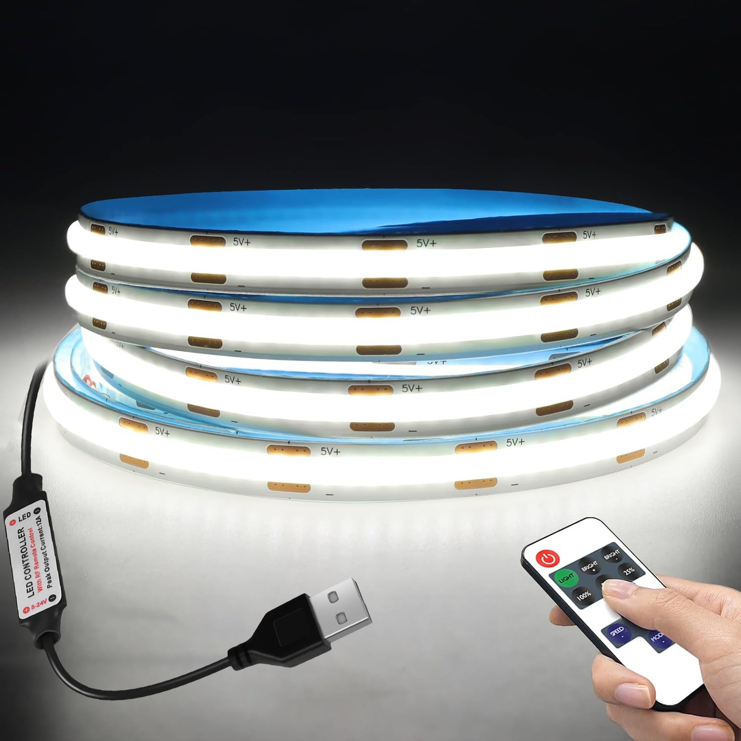 Bande lumineuse LED 2 m, bande lumineuse LED COB avec télécommande, bande lumineuse LED ...