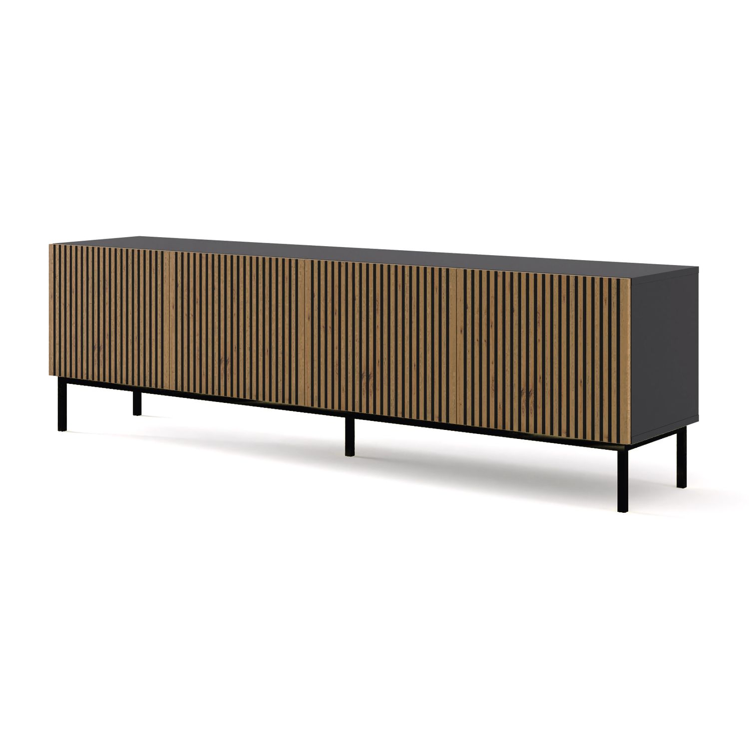Meuble TV meuble Hi-fi sur pied Noir/Chêne artisan 200x42x58cm RAVI F ...