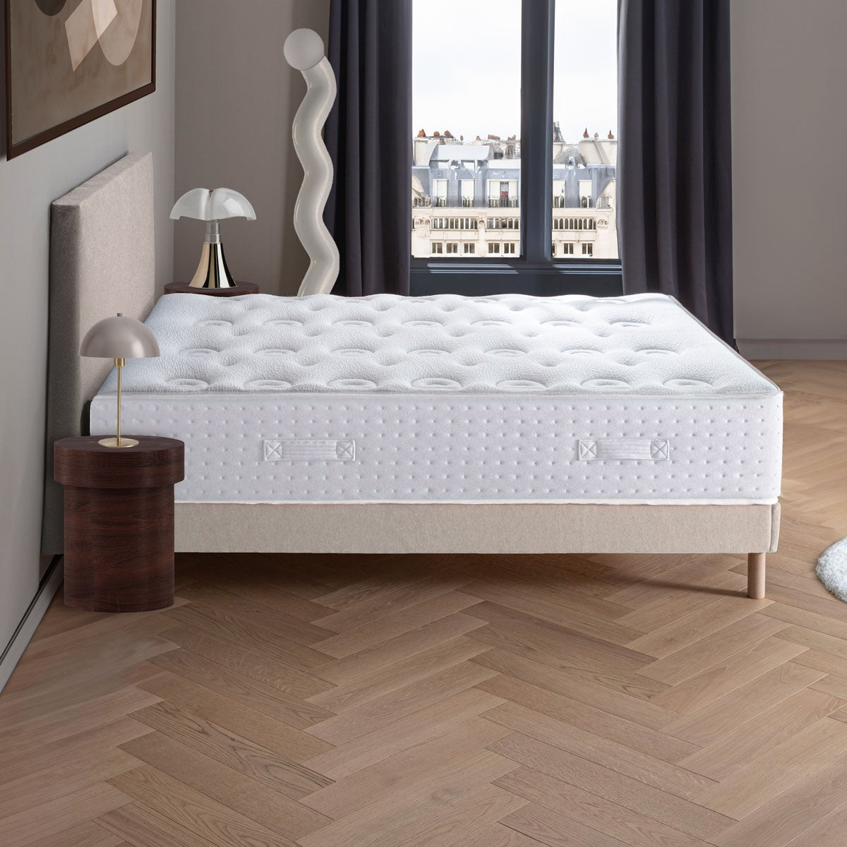 DODO | Ensemble - Matelas ferme + sommier + Tête de lit Blanc/Beige LE ...