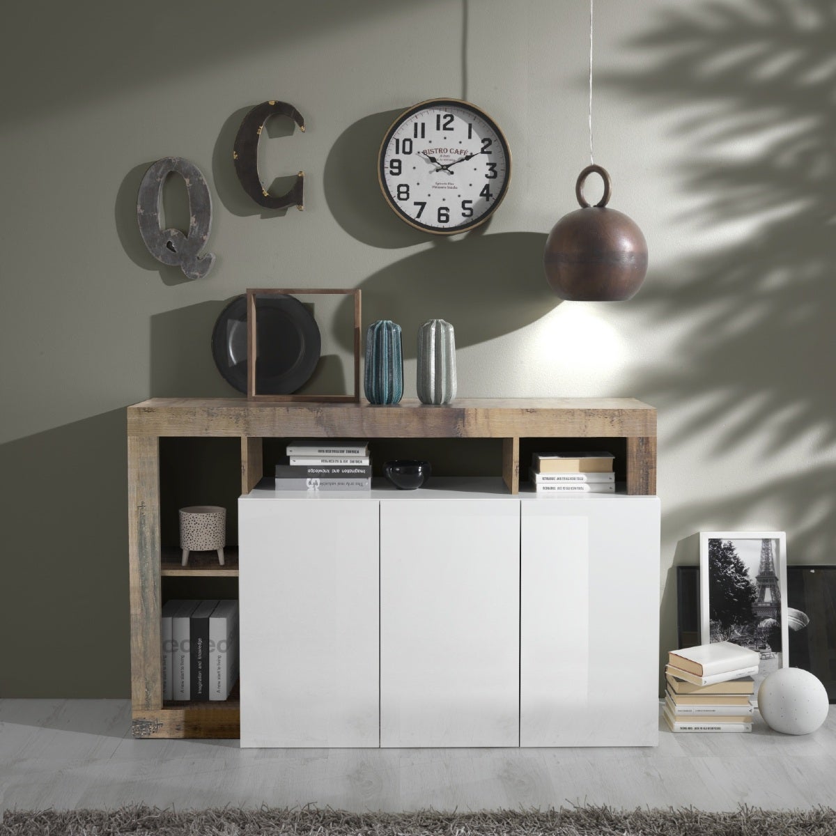 Buffet moderne laqué blanc et bois naturel 3 portes GAMA | Leroy Merlin