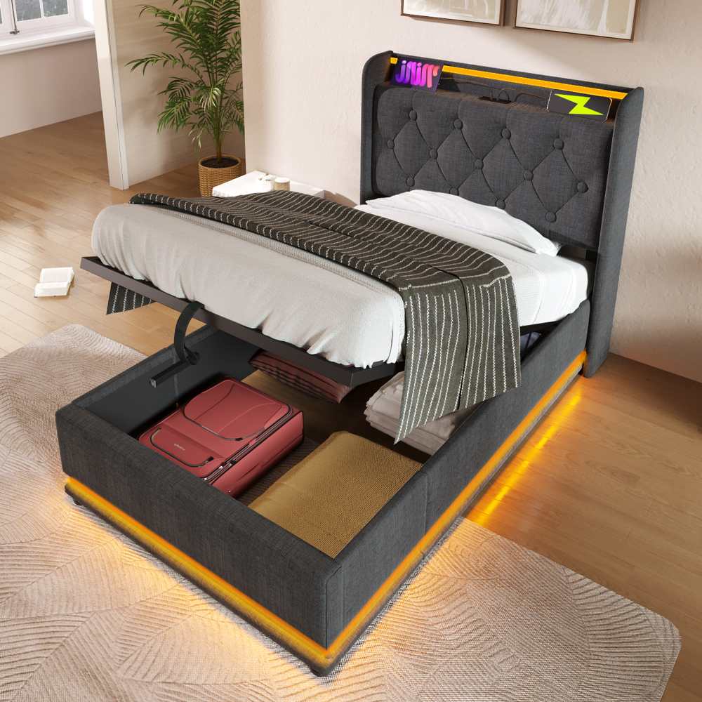 Cama con canapé tapizada 90x200 cm con iluminación LED 360°, almacenaje ...