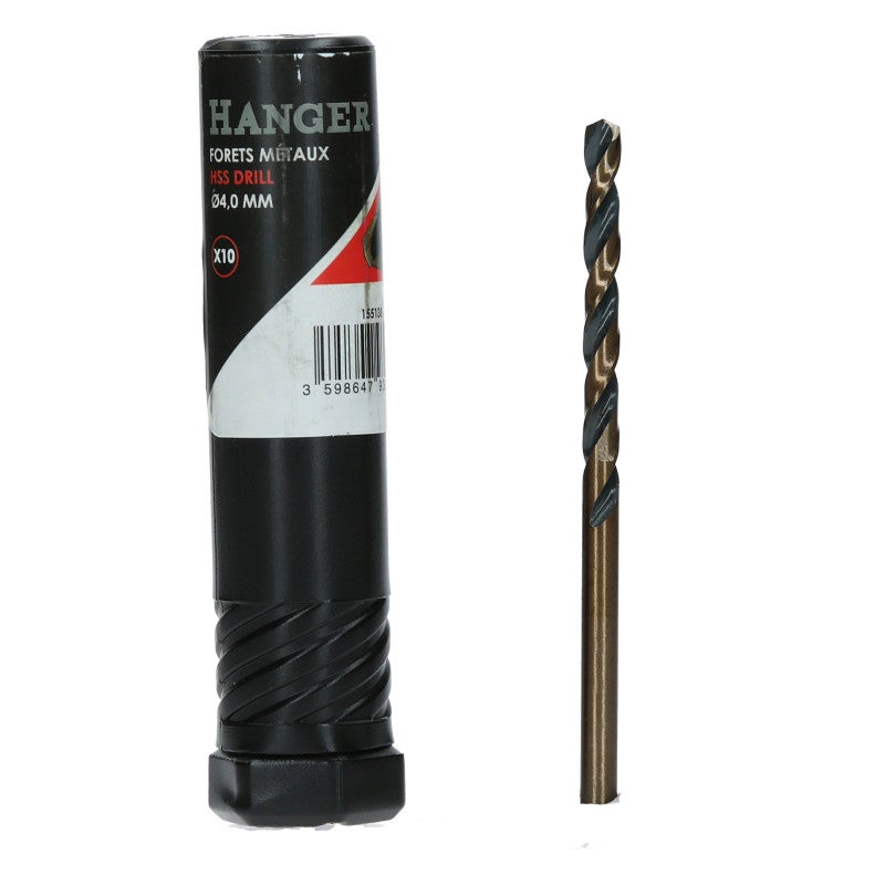 Boite de 10 forets métaux HSS taillés meulés diamètre 4mm HANGER 155138 ...