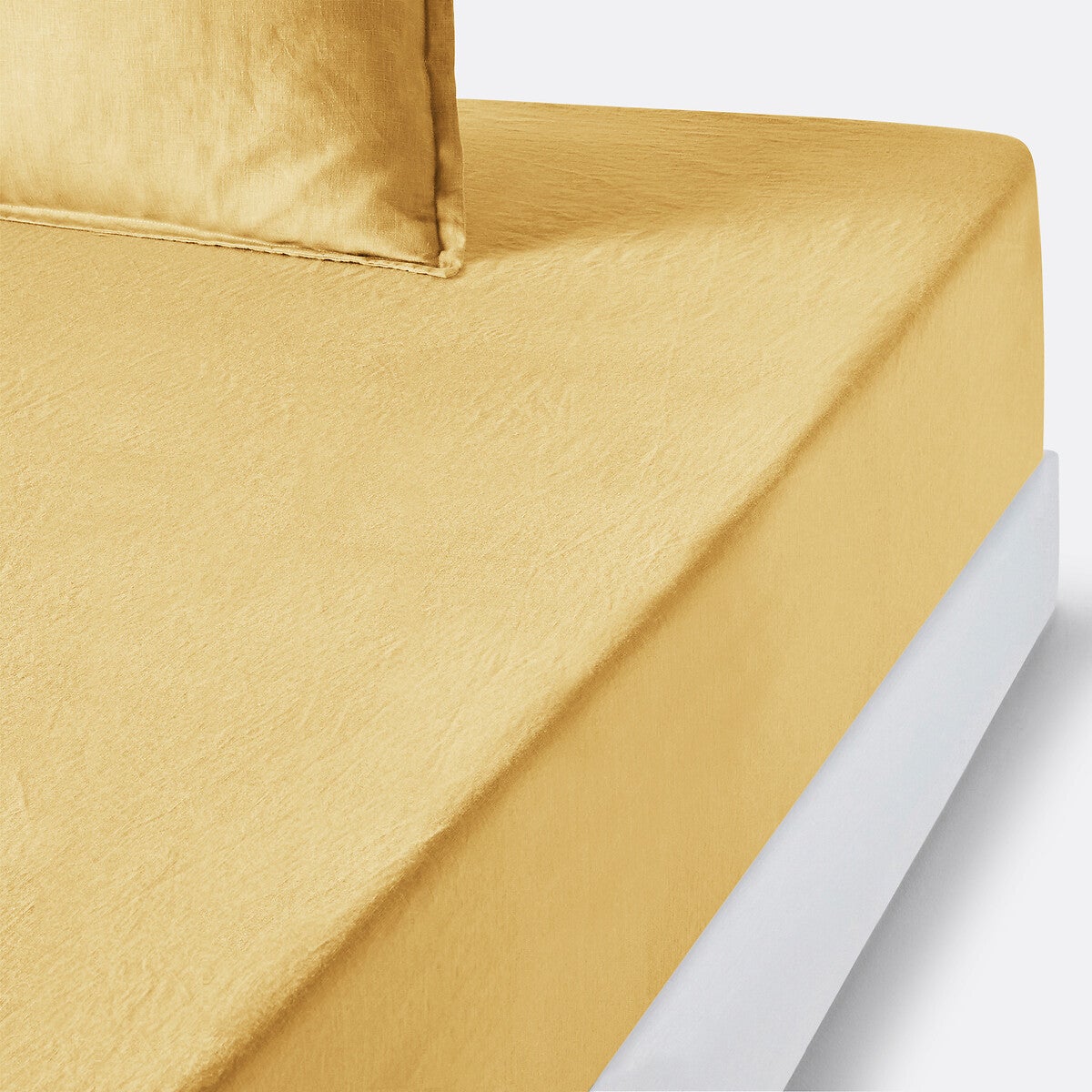Drap housse lin lavé, bonnet 35 cm, Linot - Camomille - 160 x 200 cm ...