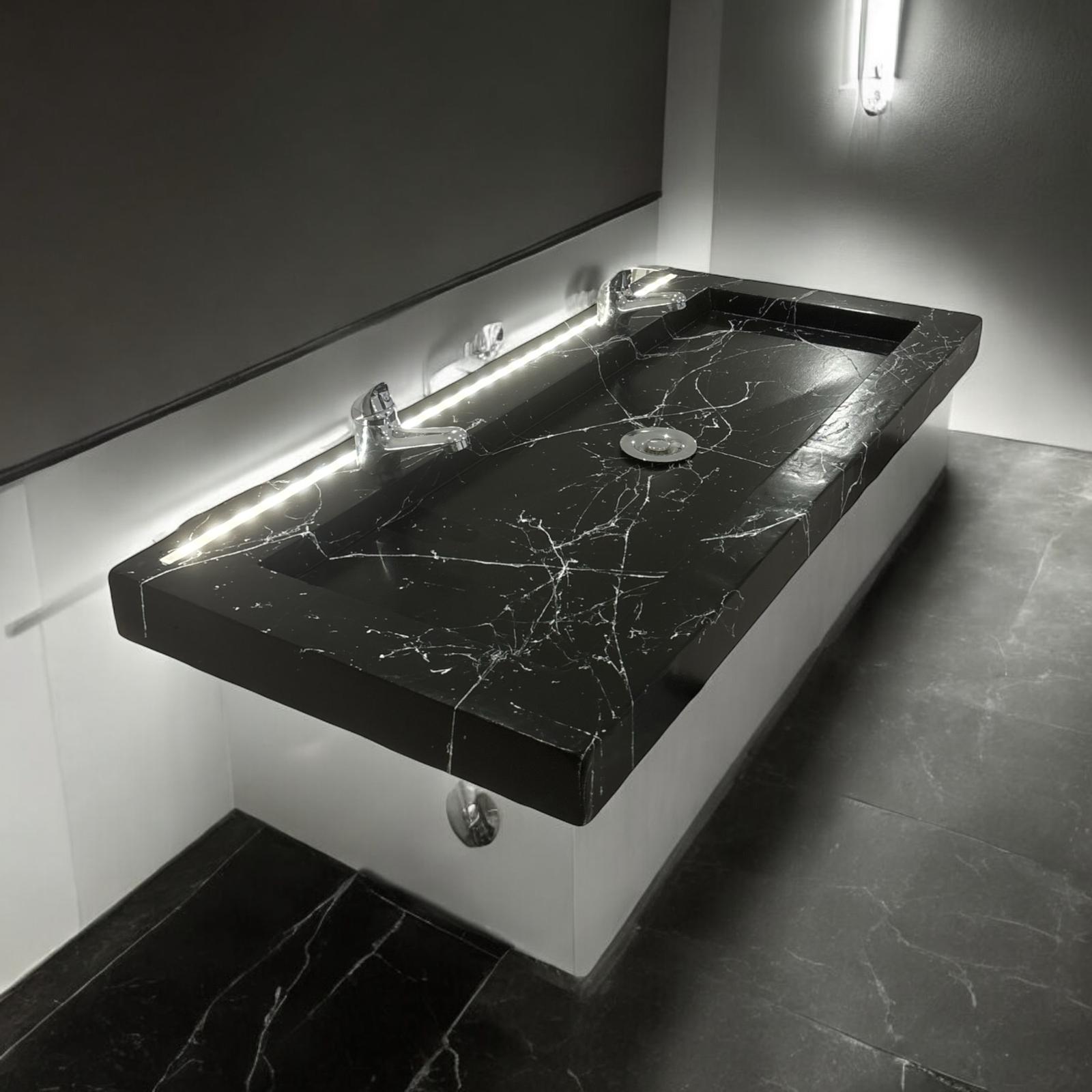 Plan Double Vasque en béton fibré cimenté noir effet marbre 100x47 avec ...