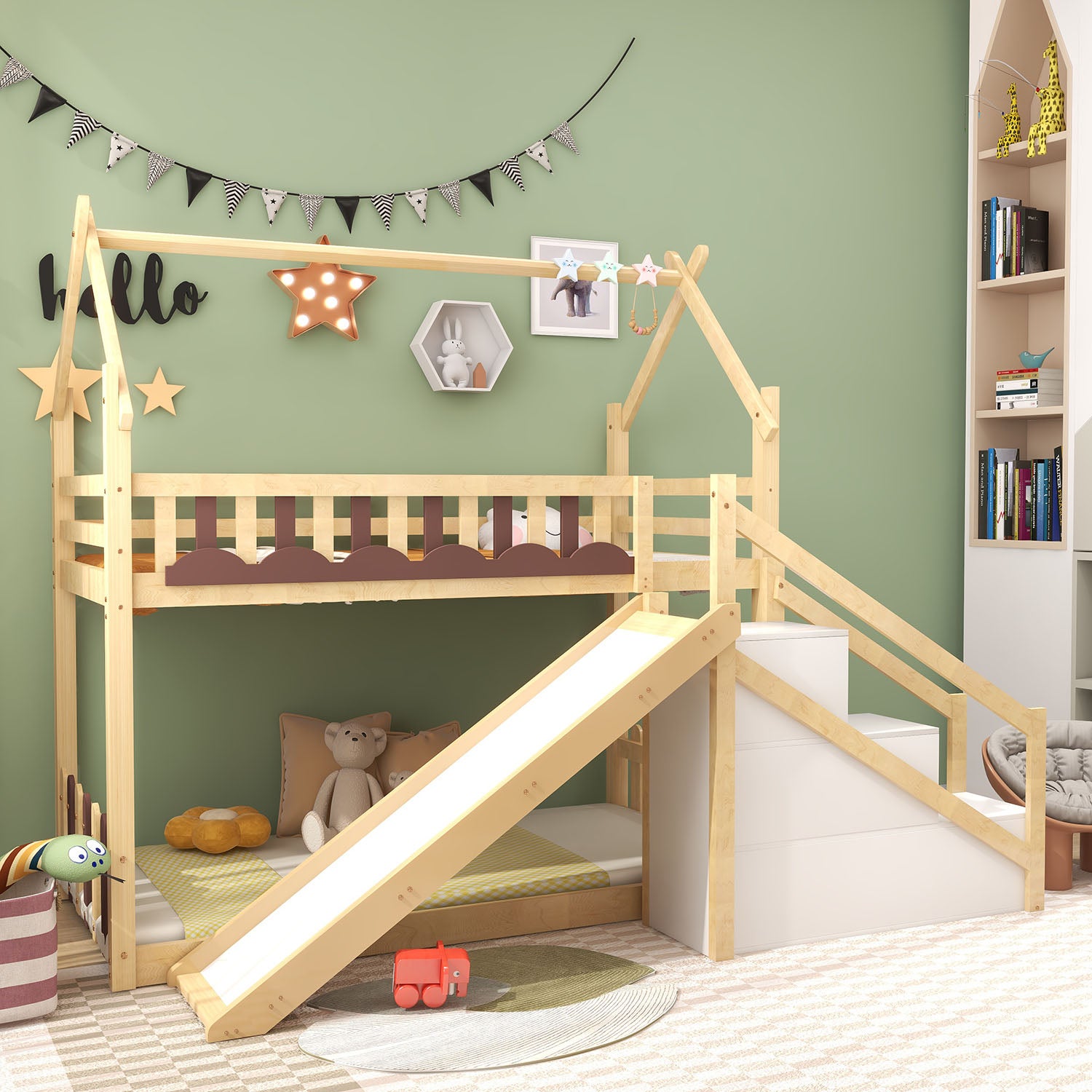Lit cabane Lit superposé Avec escalier de rangement et toboggan Lit d'enfant Naturel (90x200cm ...