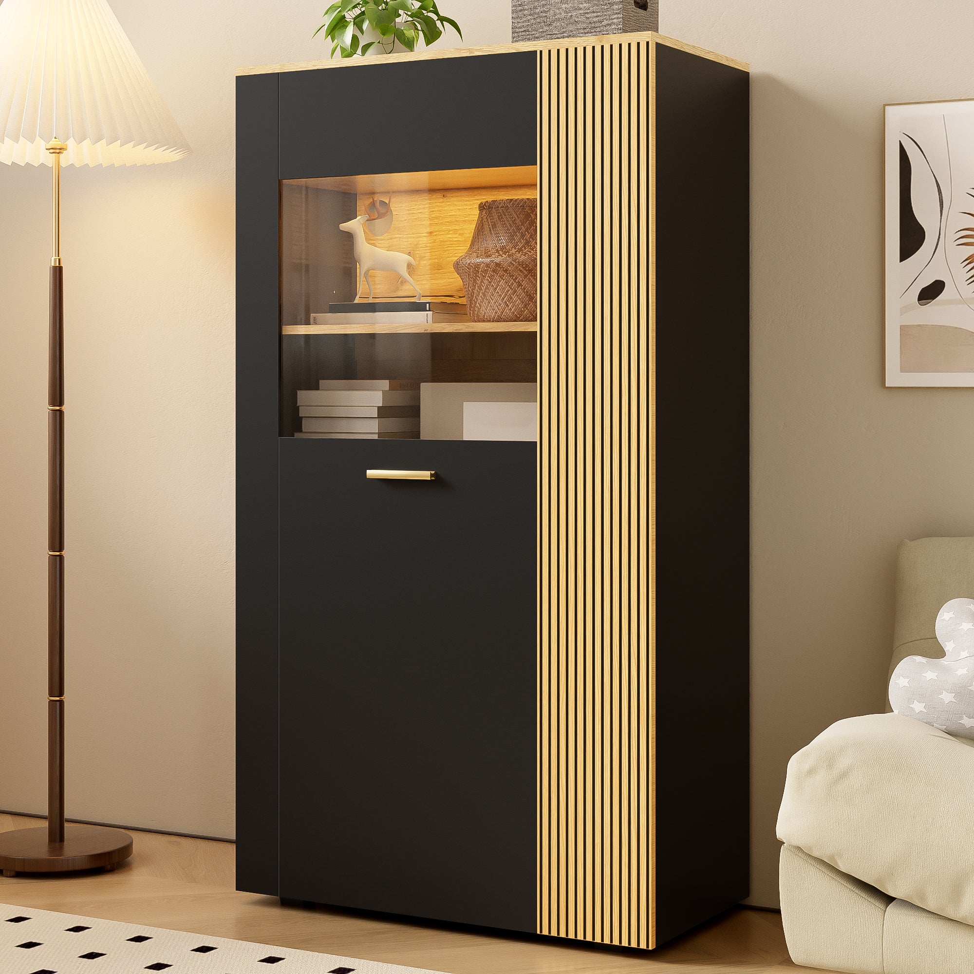 Aparador alto 80x40x146 cm, LED 16 colores App/Bluetooth, estantes ...