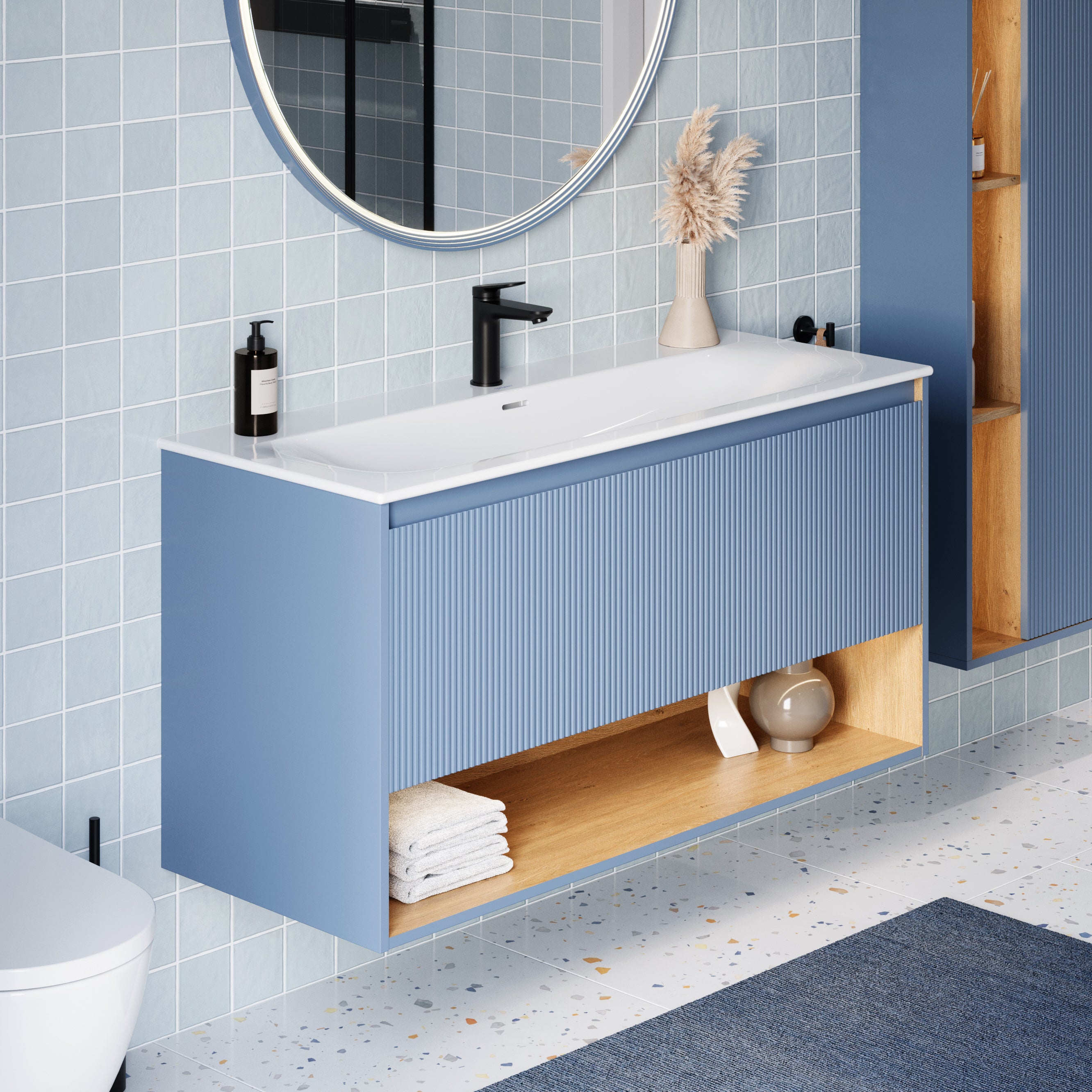 BERNSTEIN - Mueble lavabo suspendido MDF Azul celeste mate, lavabo ...