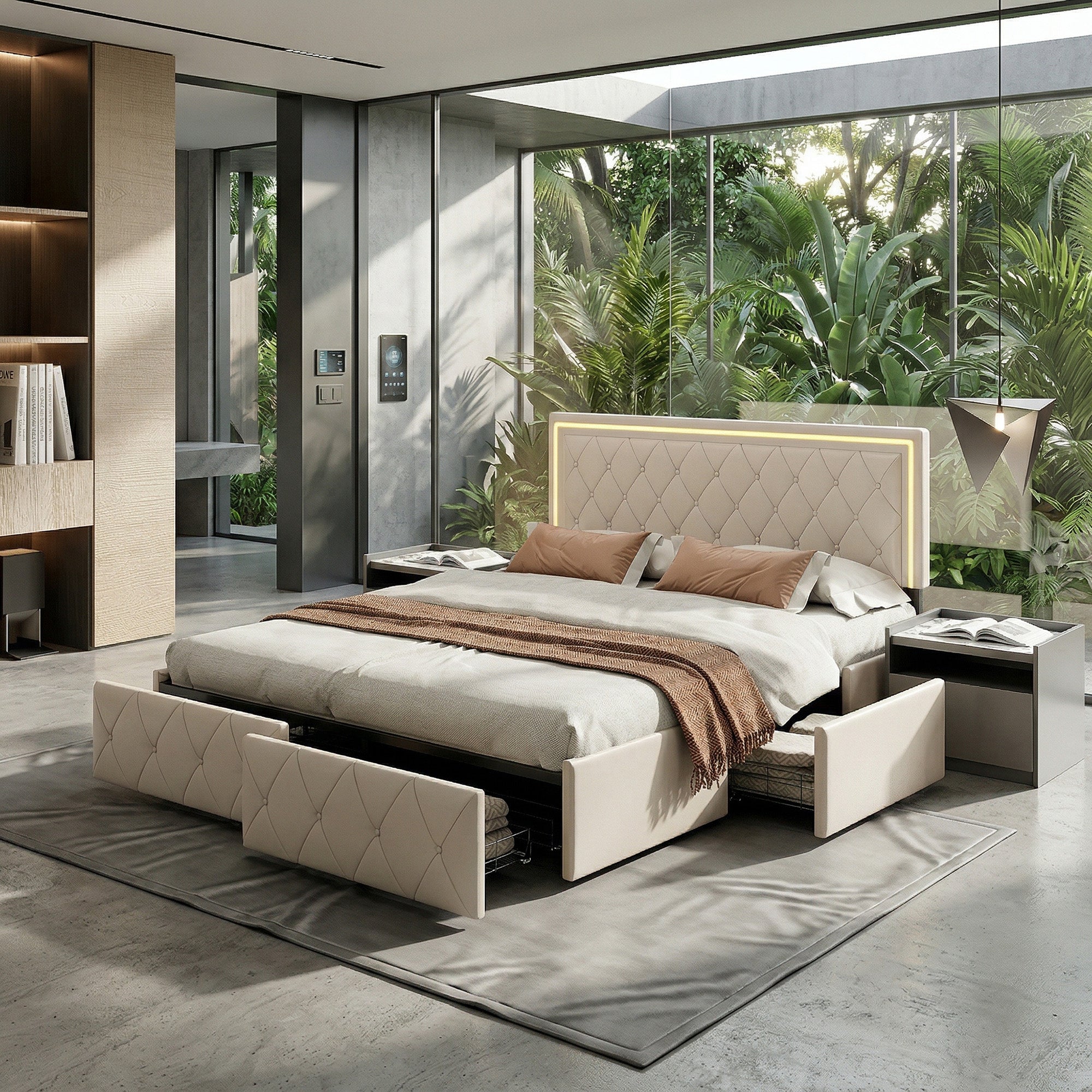 Lit adulte 140x200 cm capitonné LED, 4 tiroirs , hauteur tête de lit ...